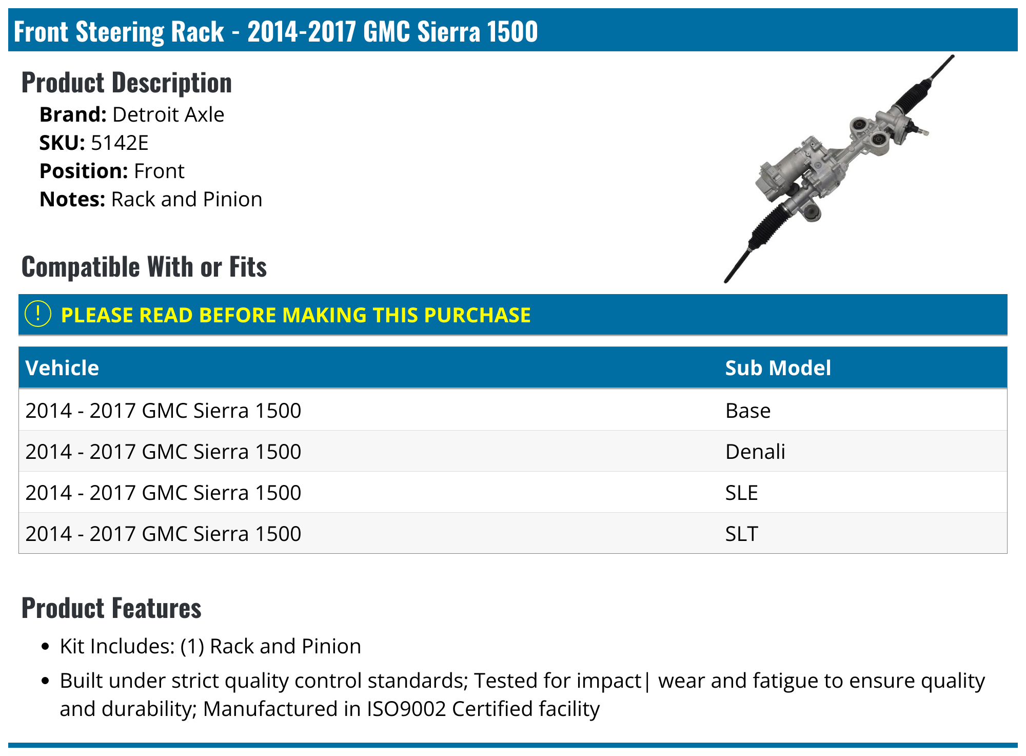 2014-2019 GMC Sierra 1500 Steering Rack - Detroit Axle 5142E - Front ...