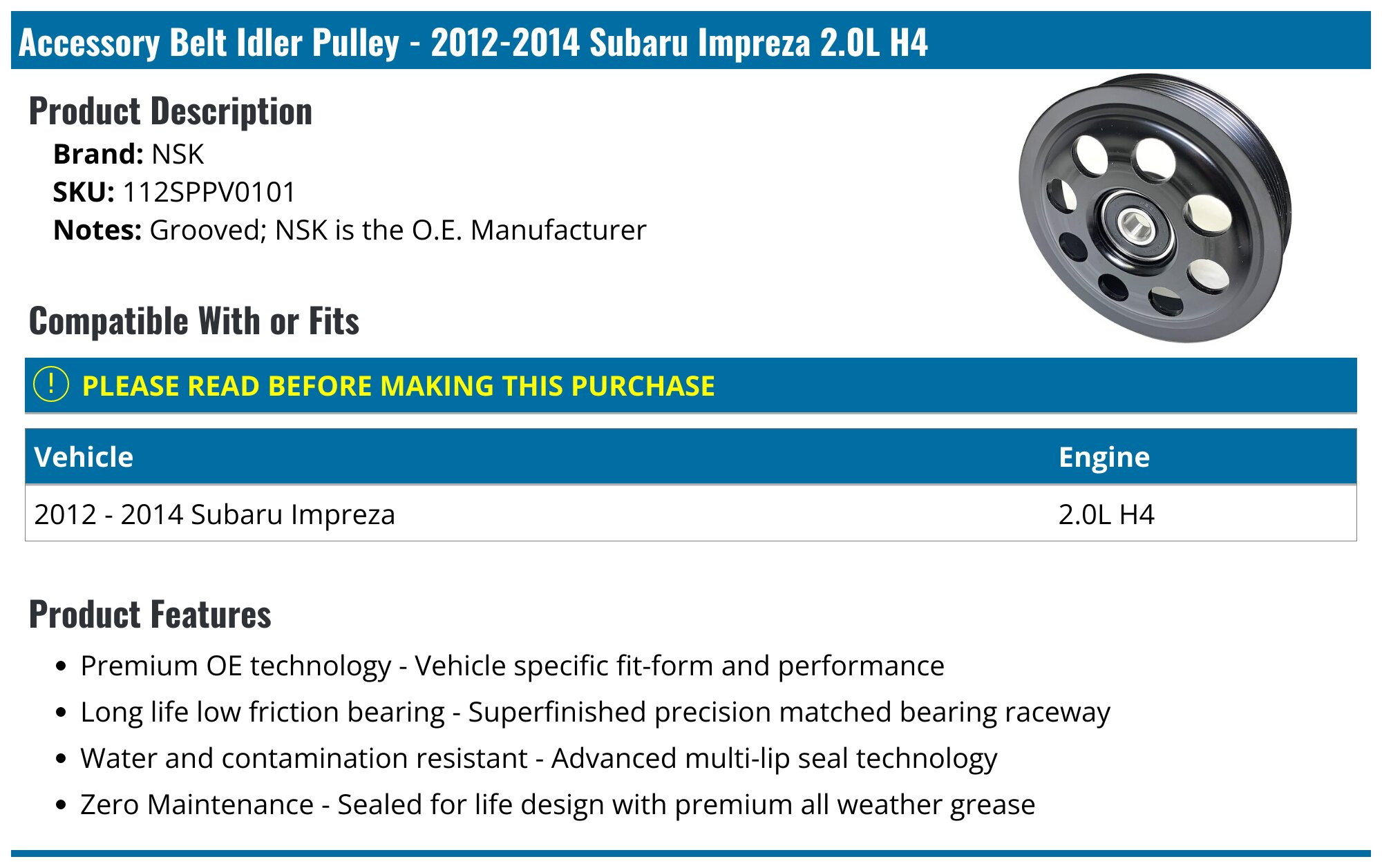 2012-2014 Subaru Impreza Accessory Belt Tensioner - NSK 112SPPV0101 ...