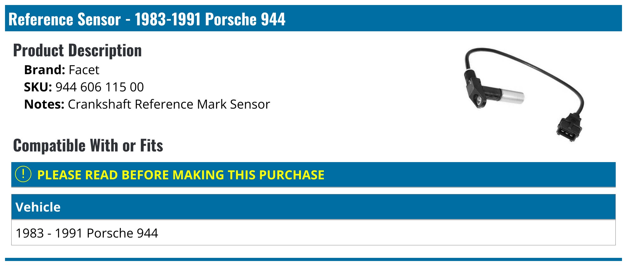 1983-1991 Porsche 944 Crank Position Sensor - Facet 944 606 115 00 ...