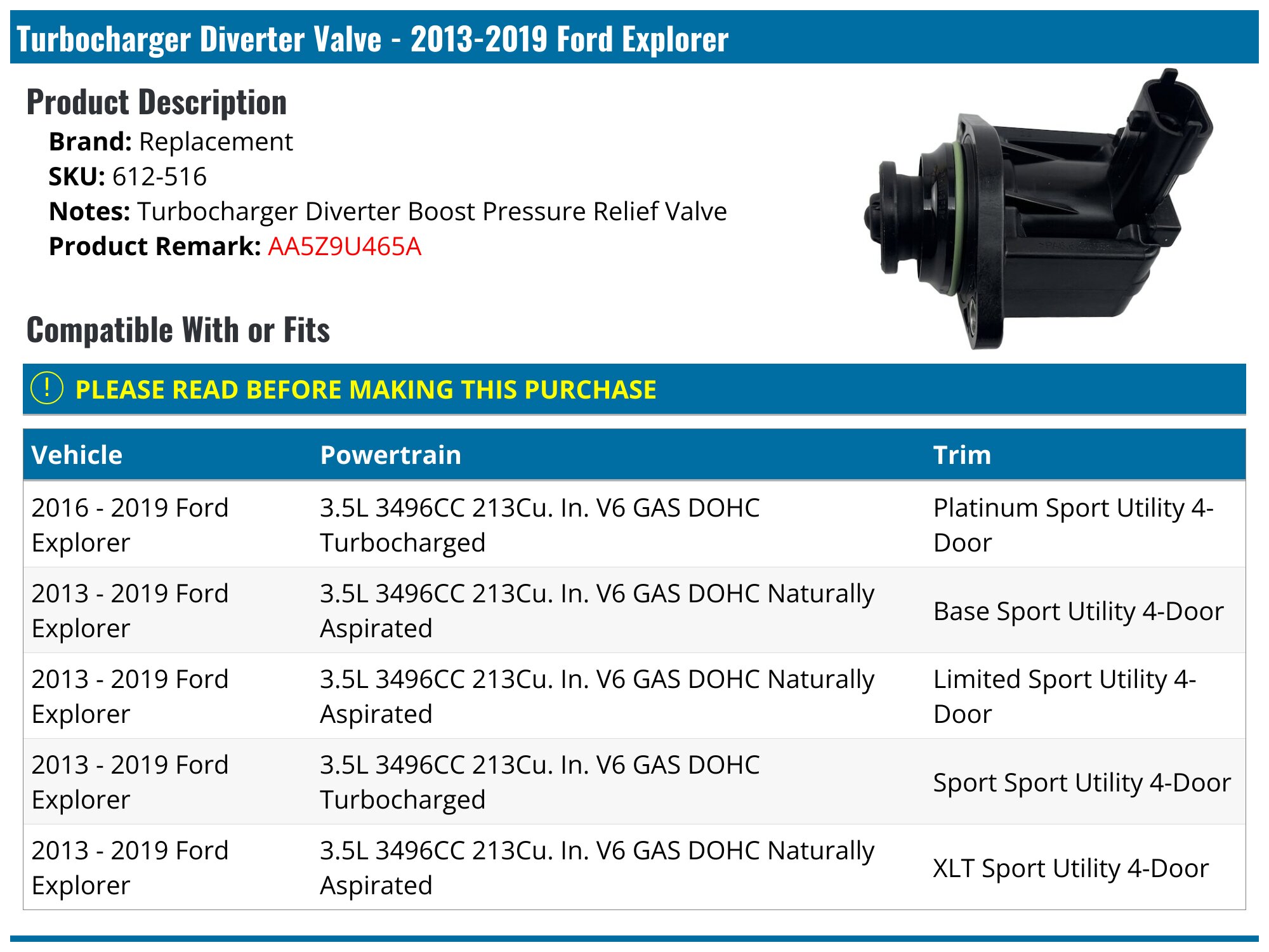 2013-2019 Ford Explorer Turbocharger Diverter Valve - Replacement 612 ...