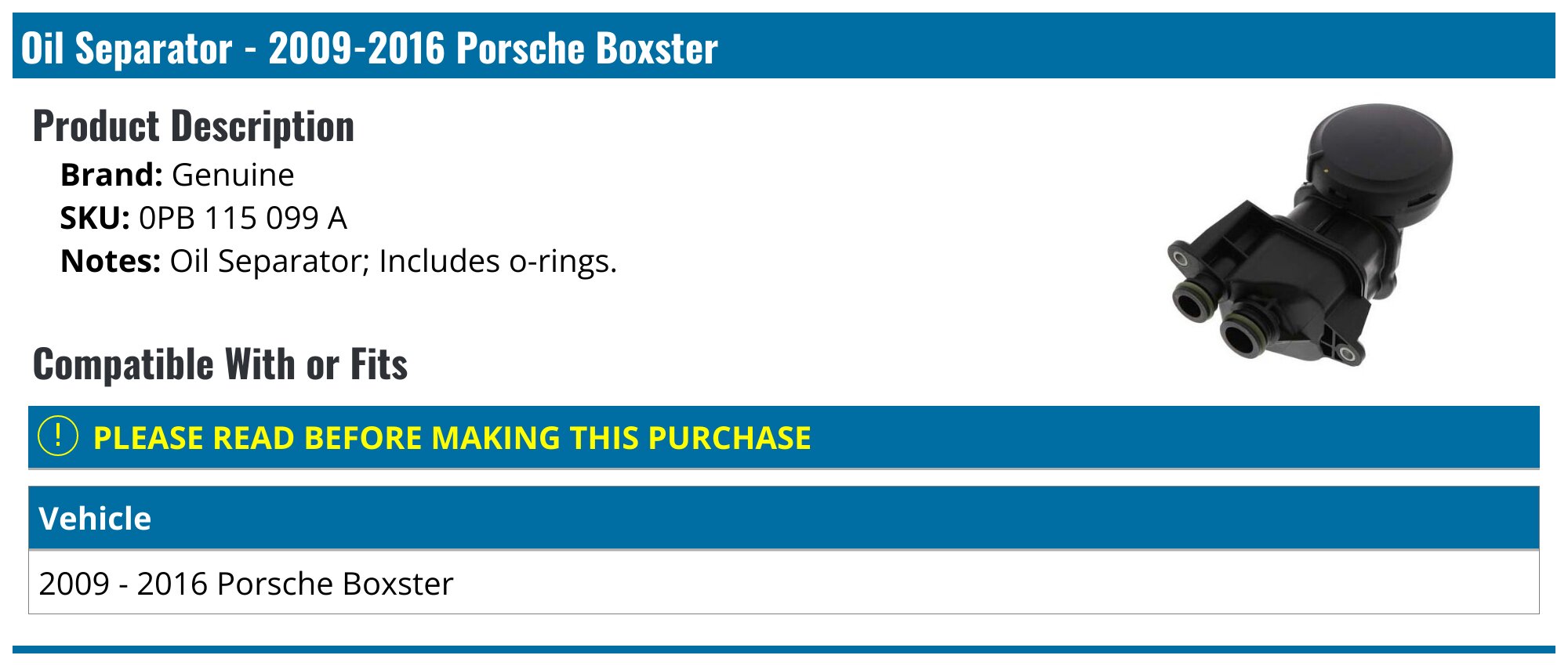 2009-2016 Porsche Boxster Oil Separator - Genuine 0PB 115 099 A ...