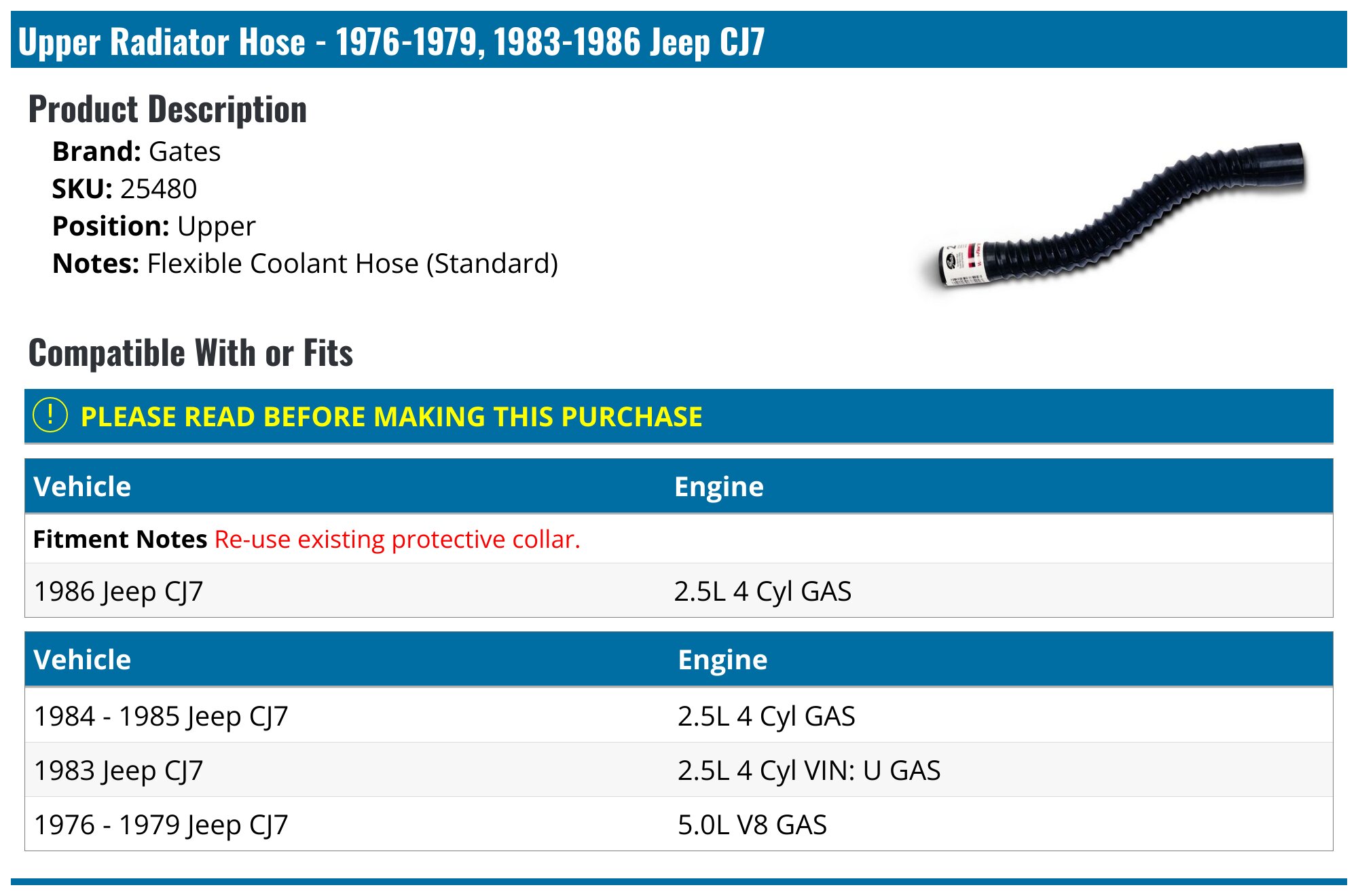 1976-1979, 1983-1986 Jeep CJ7 Radiator Hose - Gates 25480 - Upper ...