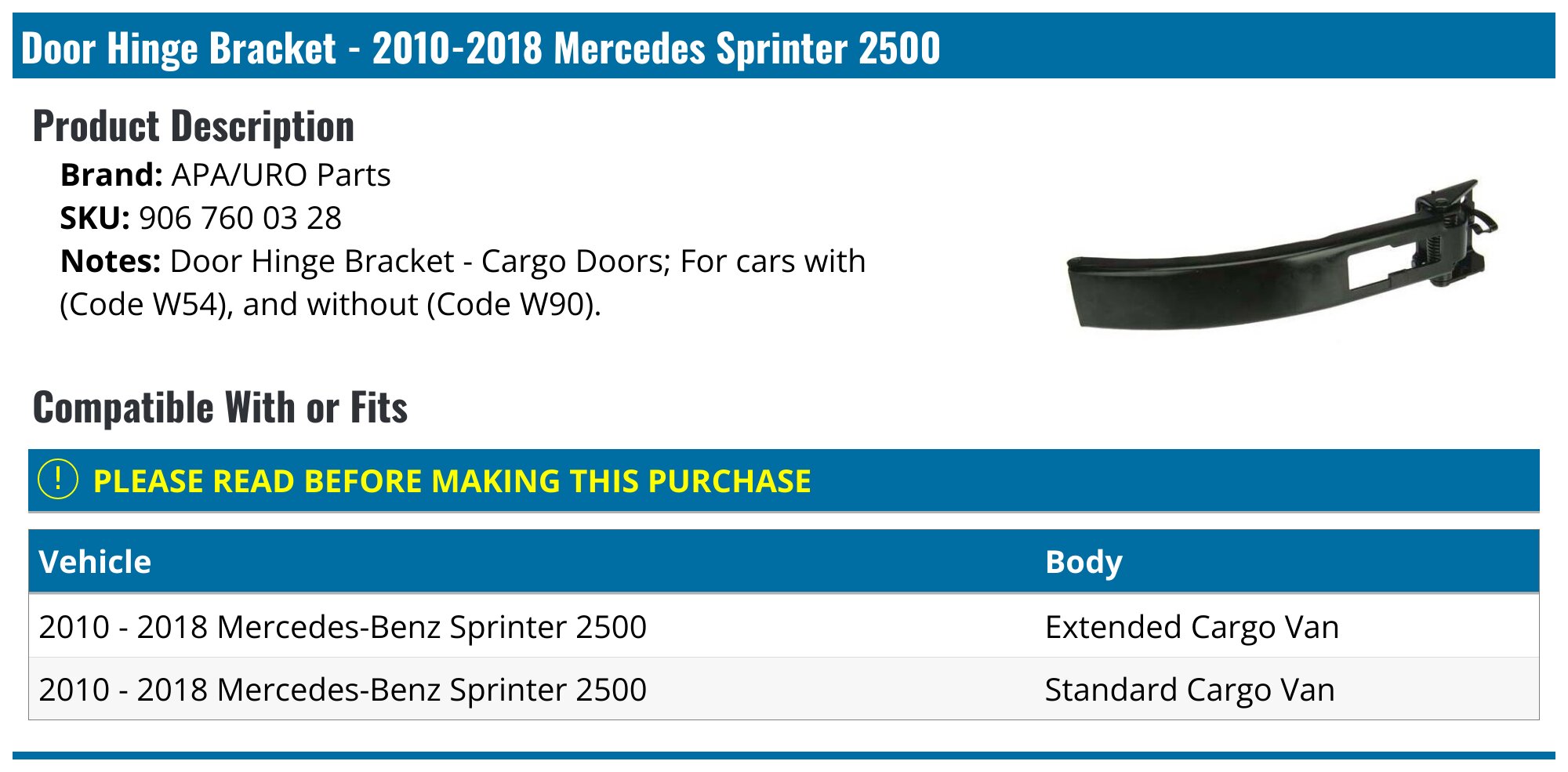 2010-2018 Mercedes Sprinter 2500 Door Hinge Bracket - APA/URO Parts 906 ...