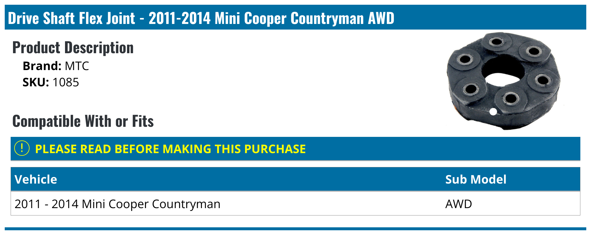 2011-2014 Mini Cooper Countryman Drive Shaft Flex Joint - MTC 1085 ...