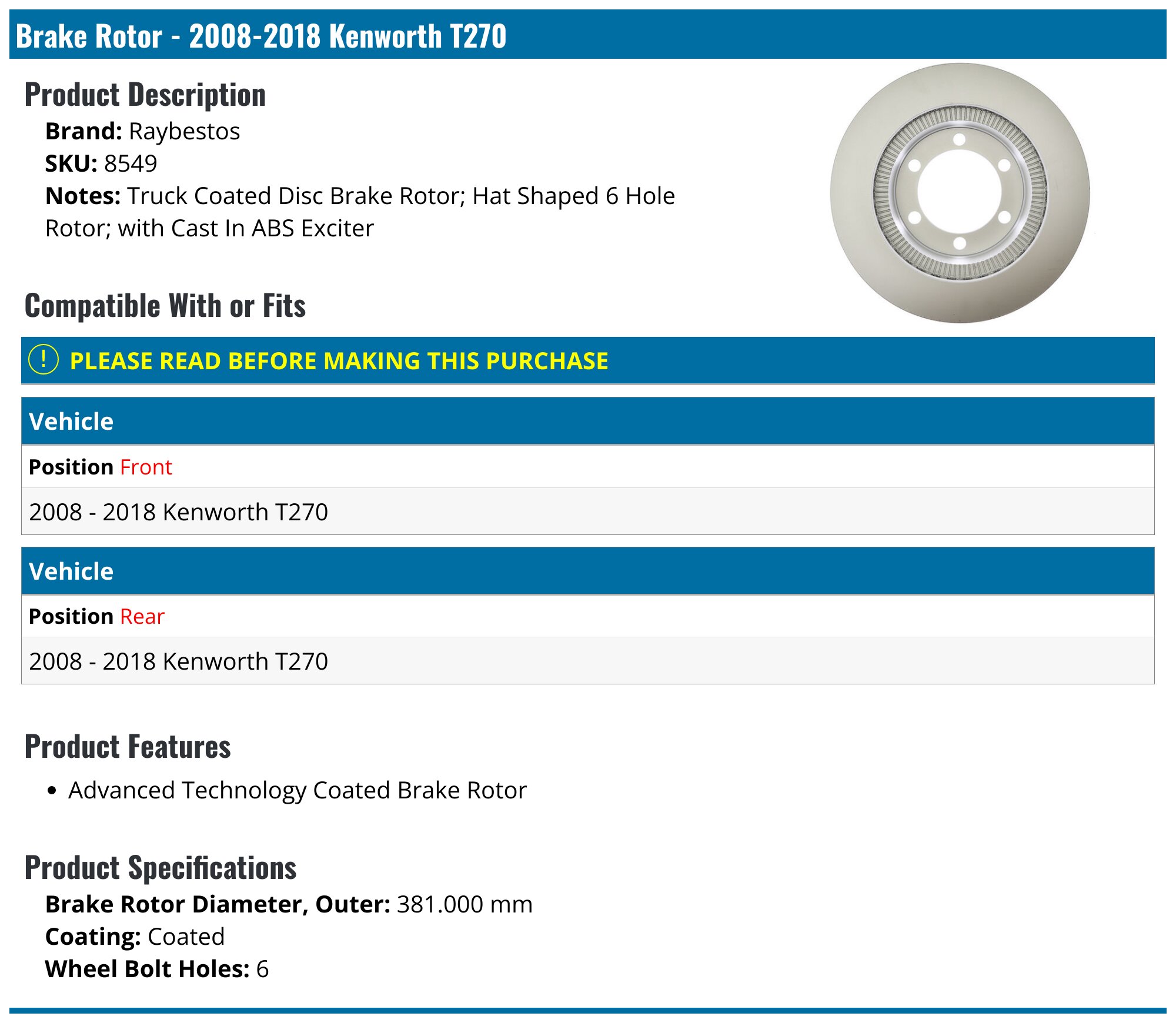 2008-2018 Kenworth T270 Brake Rotor - Raybestos 8549 - Front ...