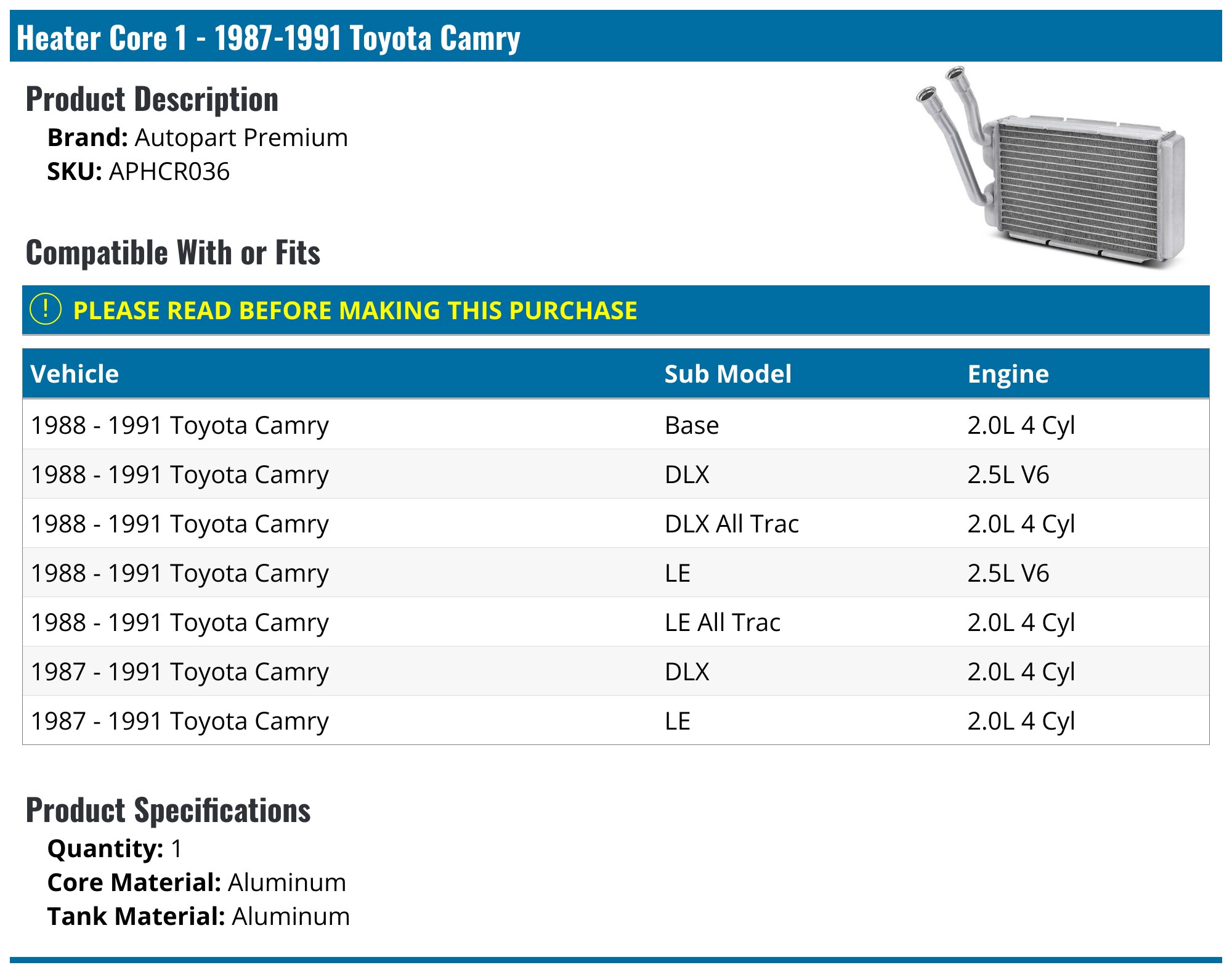 1987-1991 Toyota Camry Heater Core - Autopart Premium APHCR036 ...