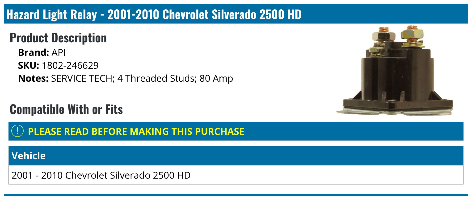 2001-2010 Chevrolet Silverado 2500 HD Hazard Light Relay - API 3704 ...