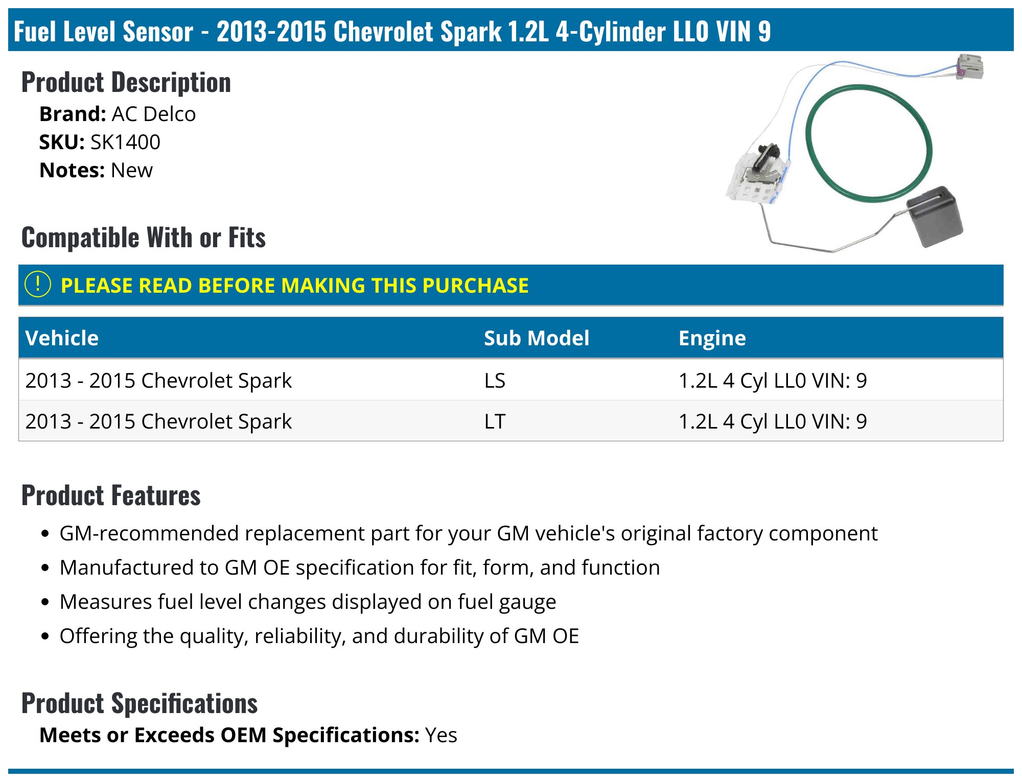 2013-2015 Chevrolet Spark Fuel Level Sensor - AC Delco SK1400 ...