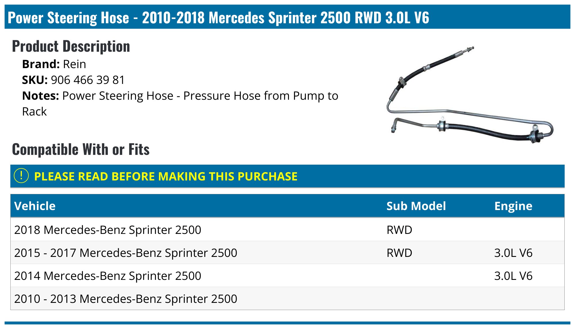 2010-2018 Mercedes Sprinter 2500 Power Steering Hose - Rein 906 466 39 ...