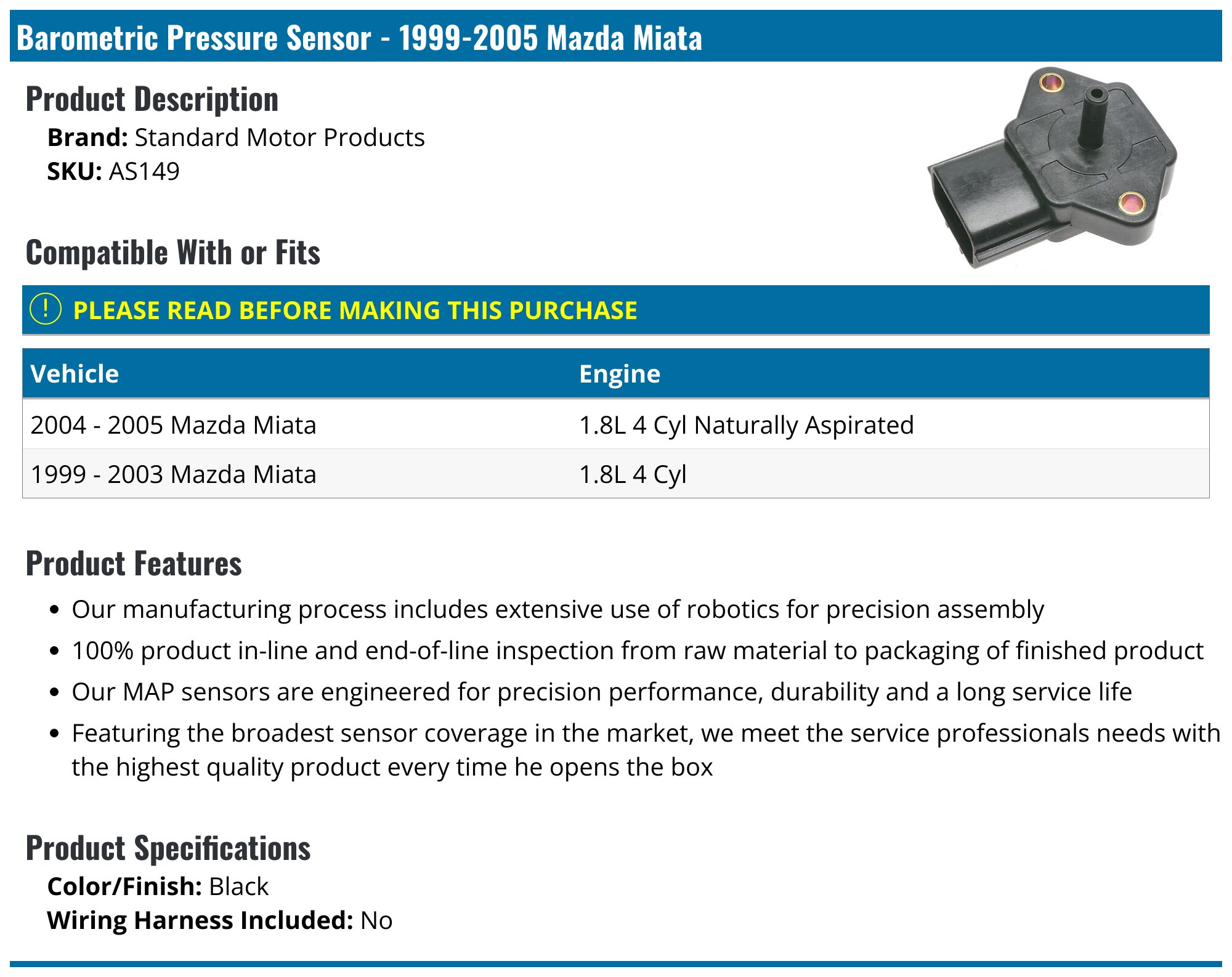 1999-2005 Mazda Miata Barometric Pressure Sensor - Standard Motor ...