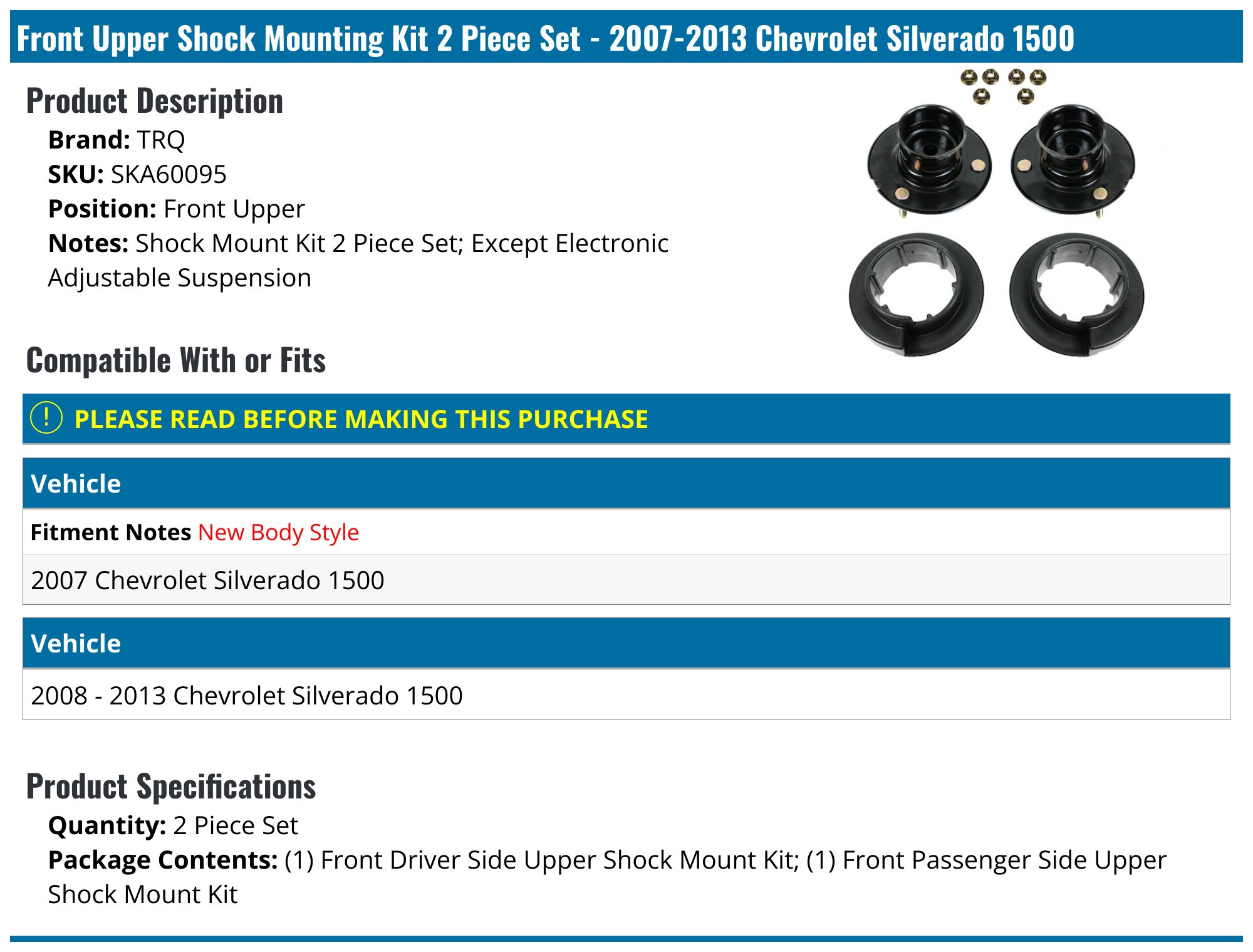 2007-2013 Chevrolet Silverado 1500 Shock Mounting Kit - TRQ SKA60095 ...