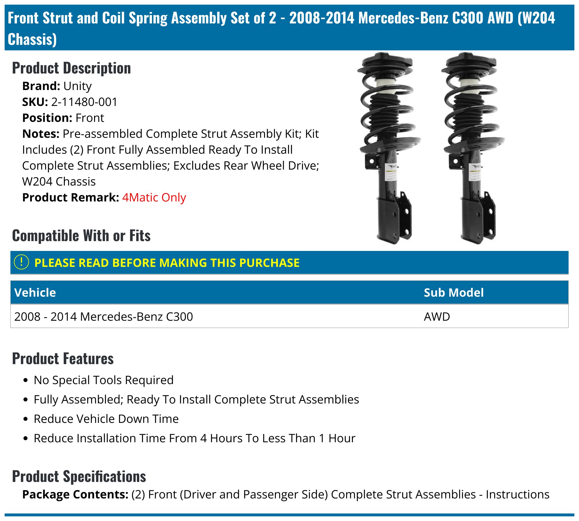 Mercedes Struts | E350 C300 CLA250 Sprinter 2500 - 2014 2013 2011 2015