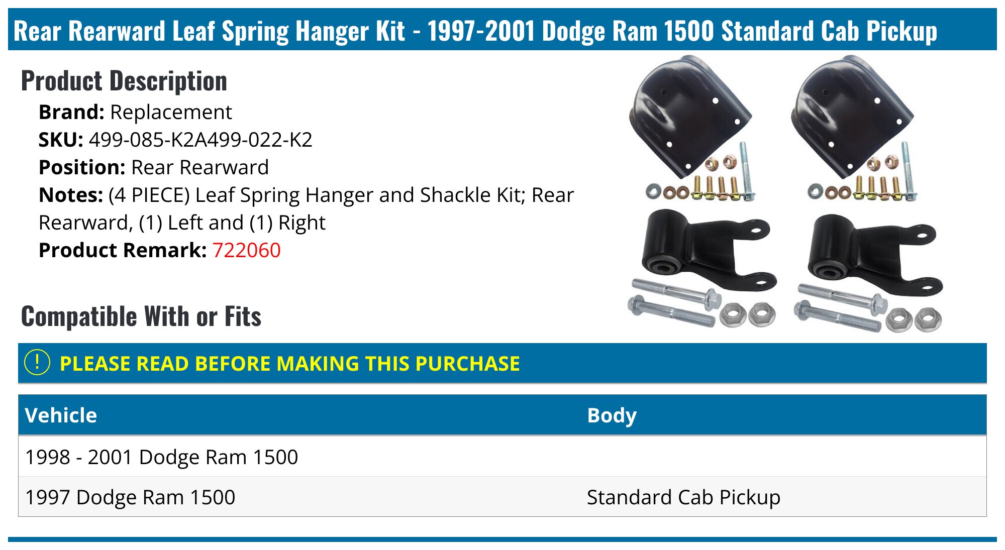 1997-2001 Dodge Ram 1500 Leaf Spring Hanger - Replacement 499-085 ...