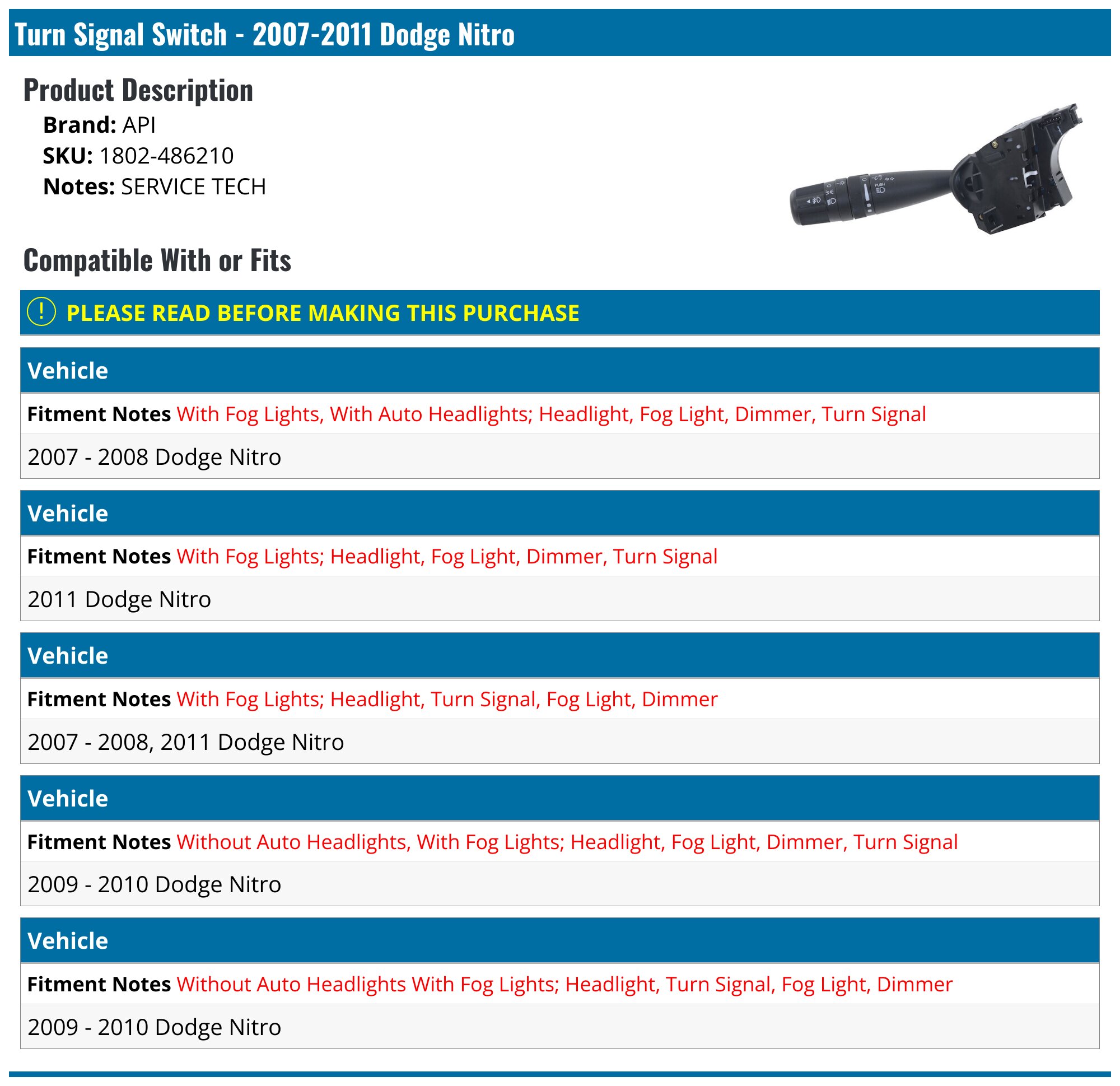 2007-2011 Dodge Nitro Turn Signal Switch - API 23999-07775076 ...