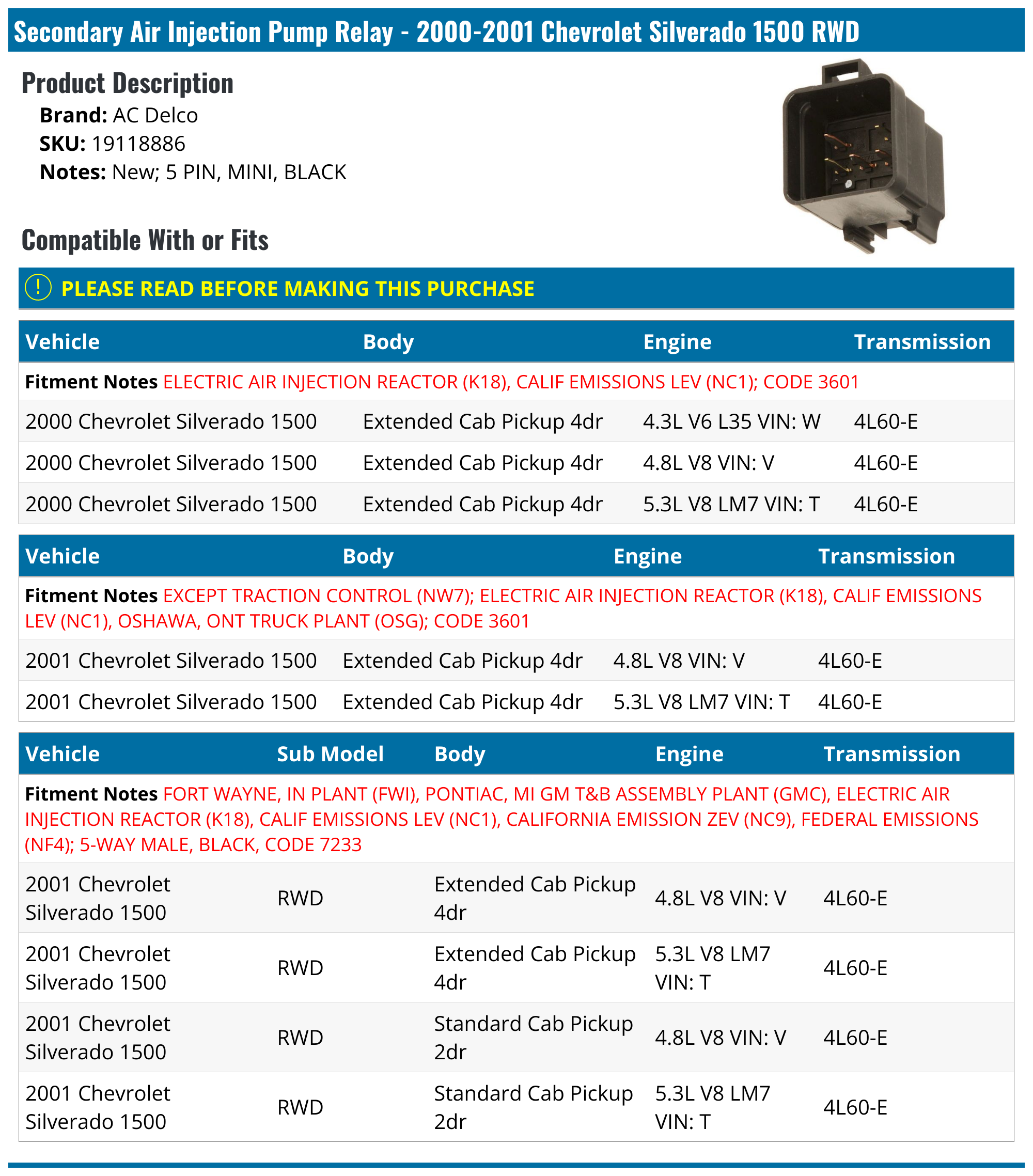 2000-2001 Chevrolet Silverado 1500 Secondary Air Injection Pump Relay ...