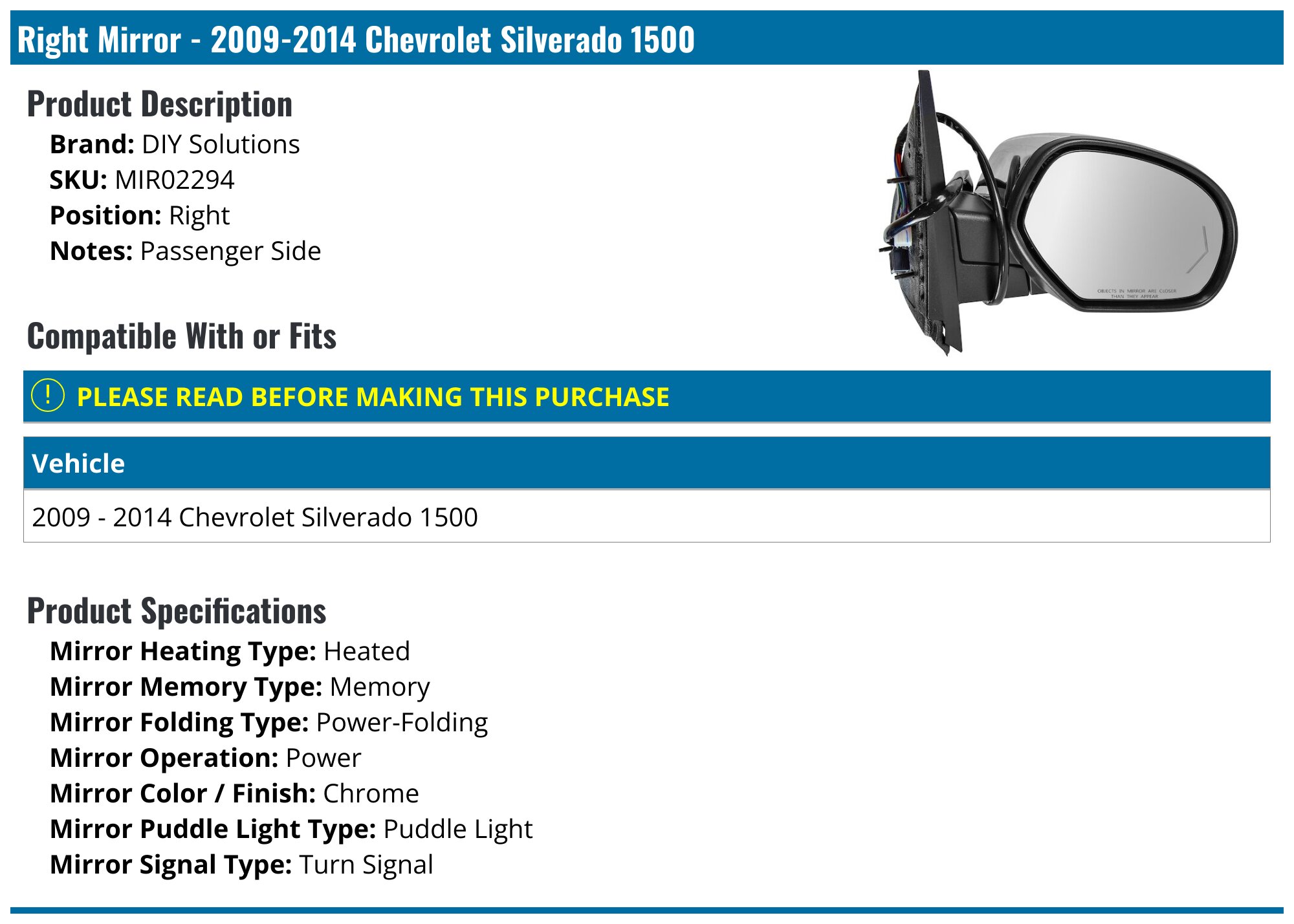 2009-2014 Chevrolet Silverado 1500 Mirror - DIY Solutions MIR02294 ...