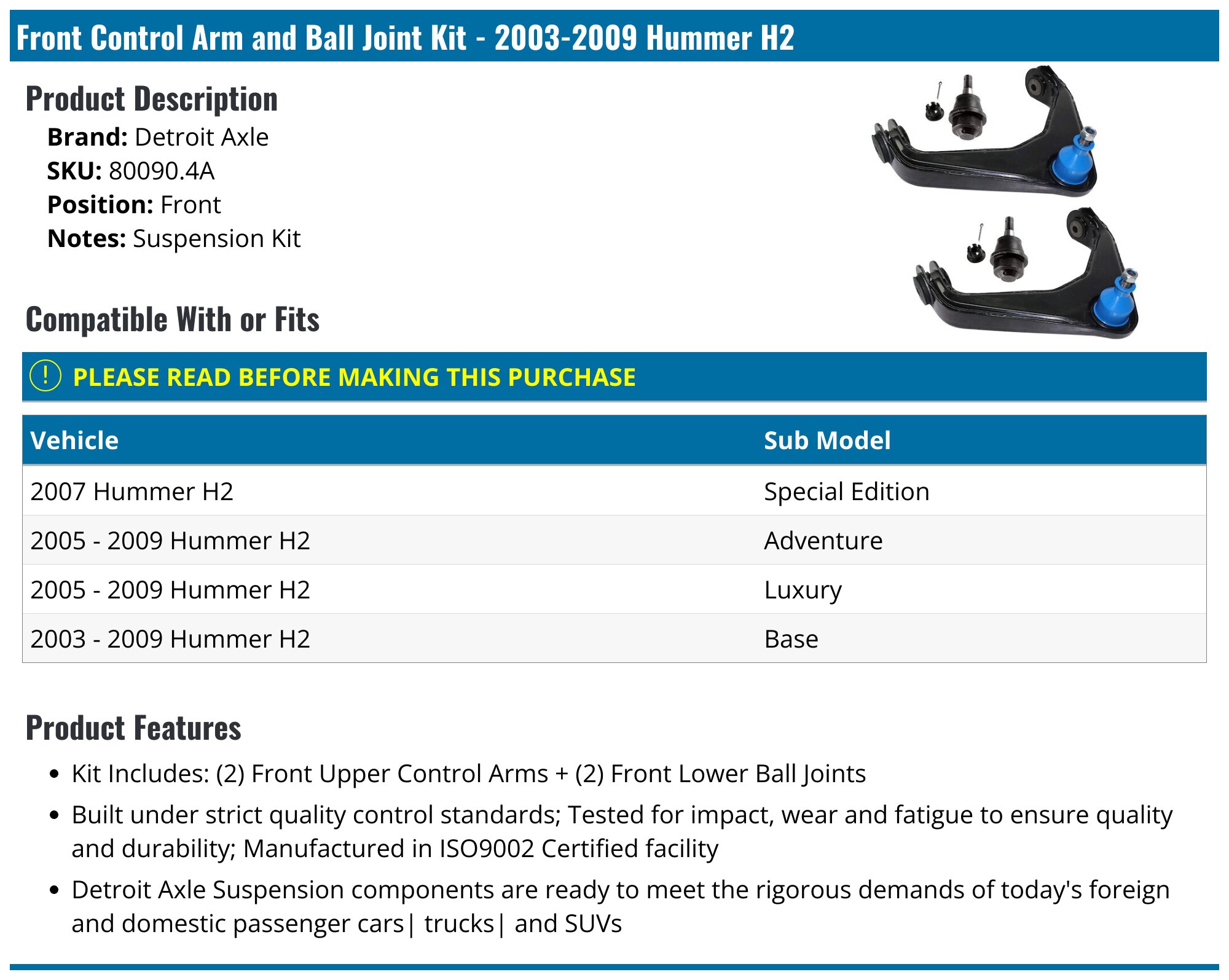 2003-2009 Hummer H2 Control Arm - Detroit Axle 80090.4A - Front ...