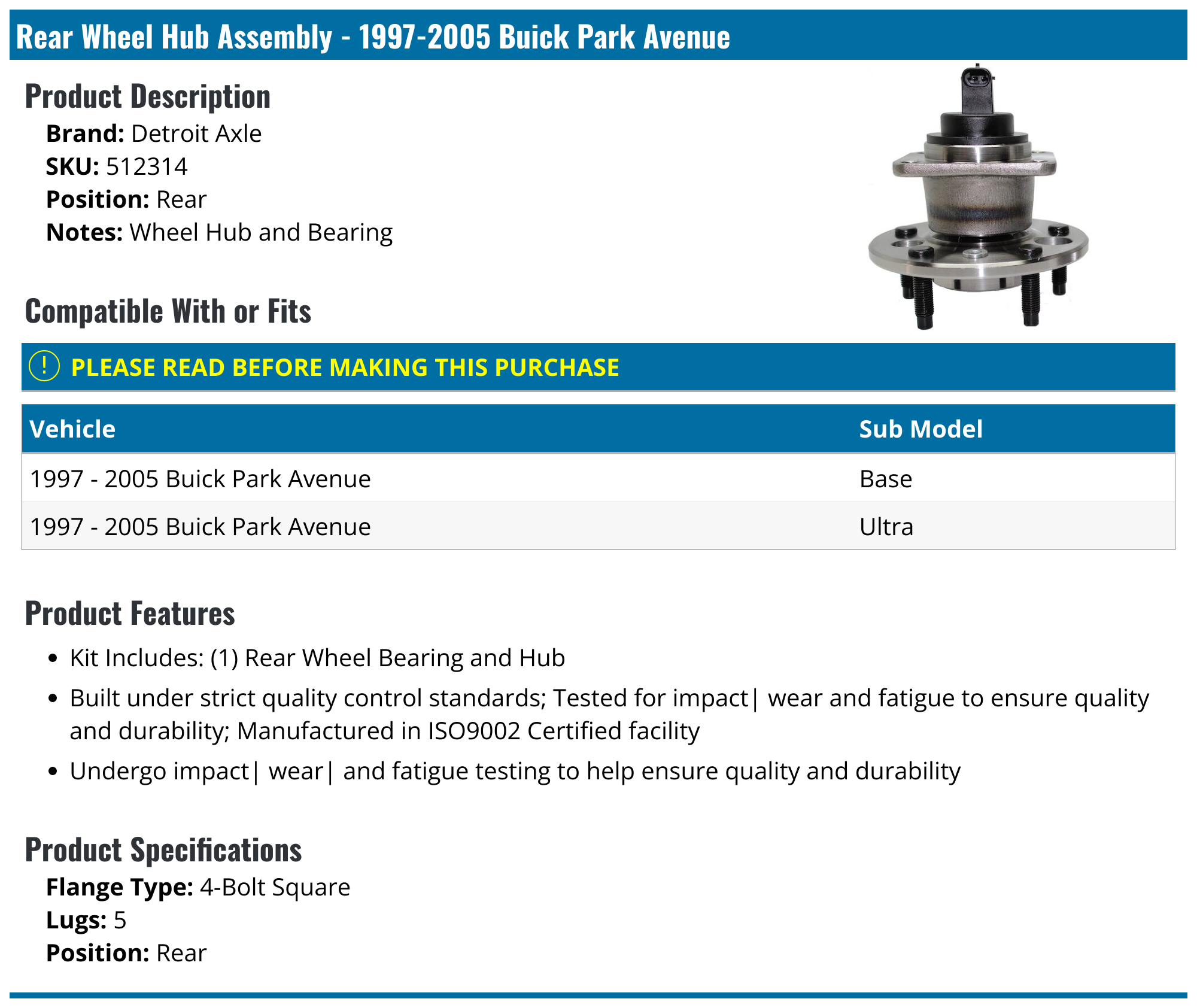 1997-2005 Buick Park Avenue Wheel Hub Assembly - Detroit Axle 512314 ...