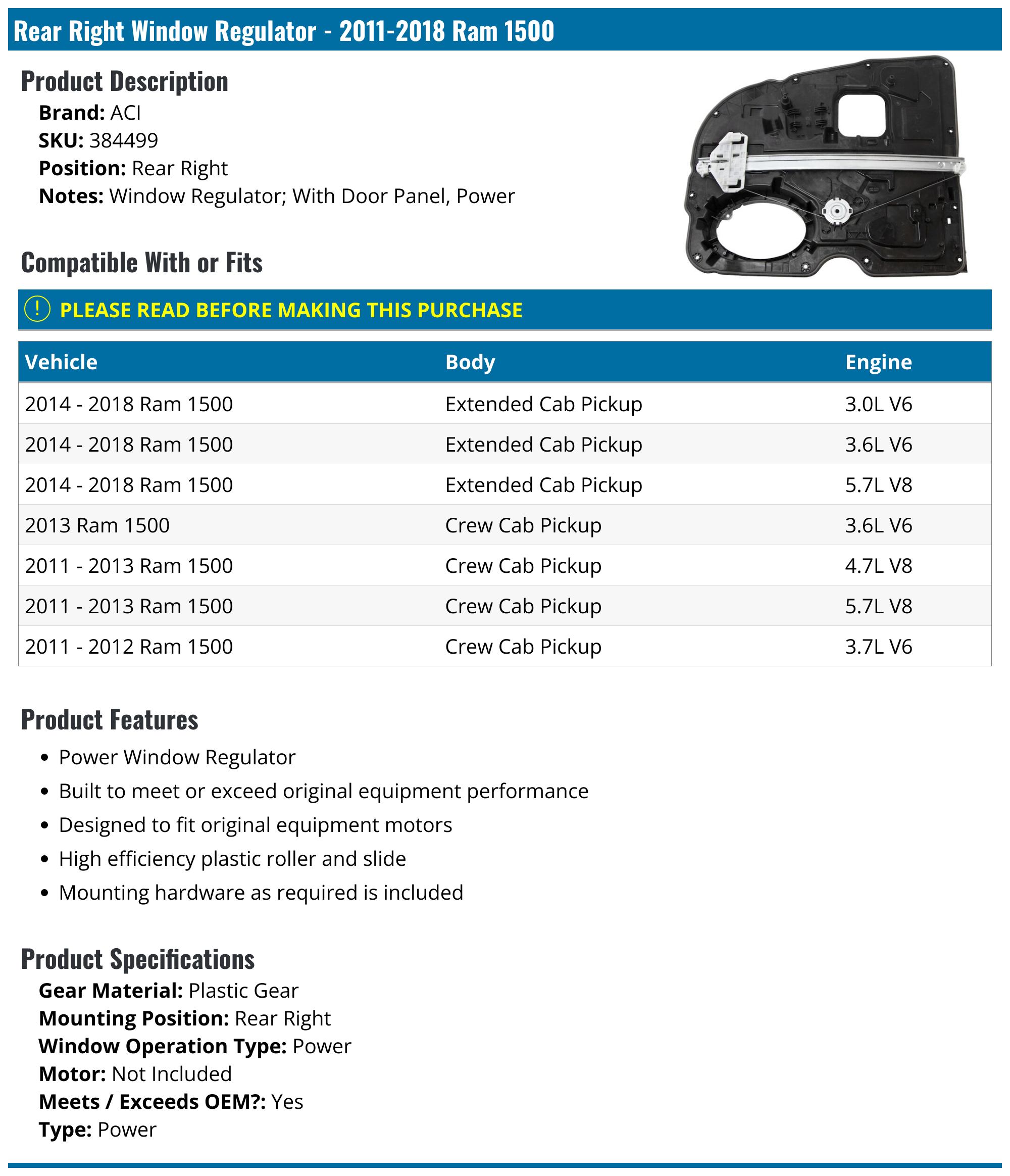 2011-2018 Ram 1500 Window Regulator - ACI 384499 - Rear Right ...