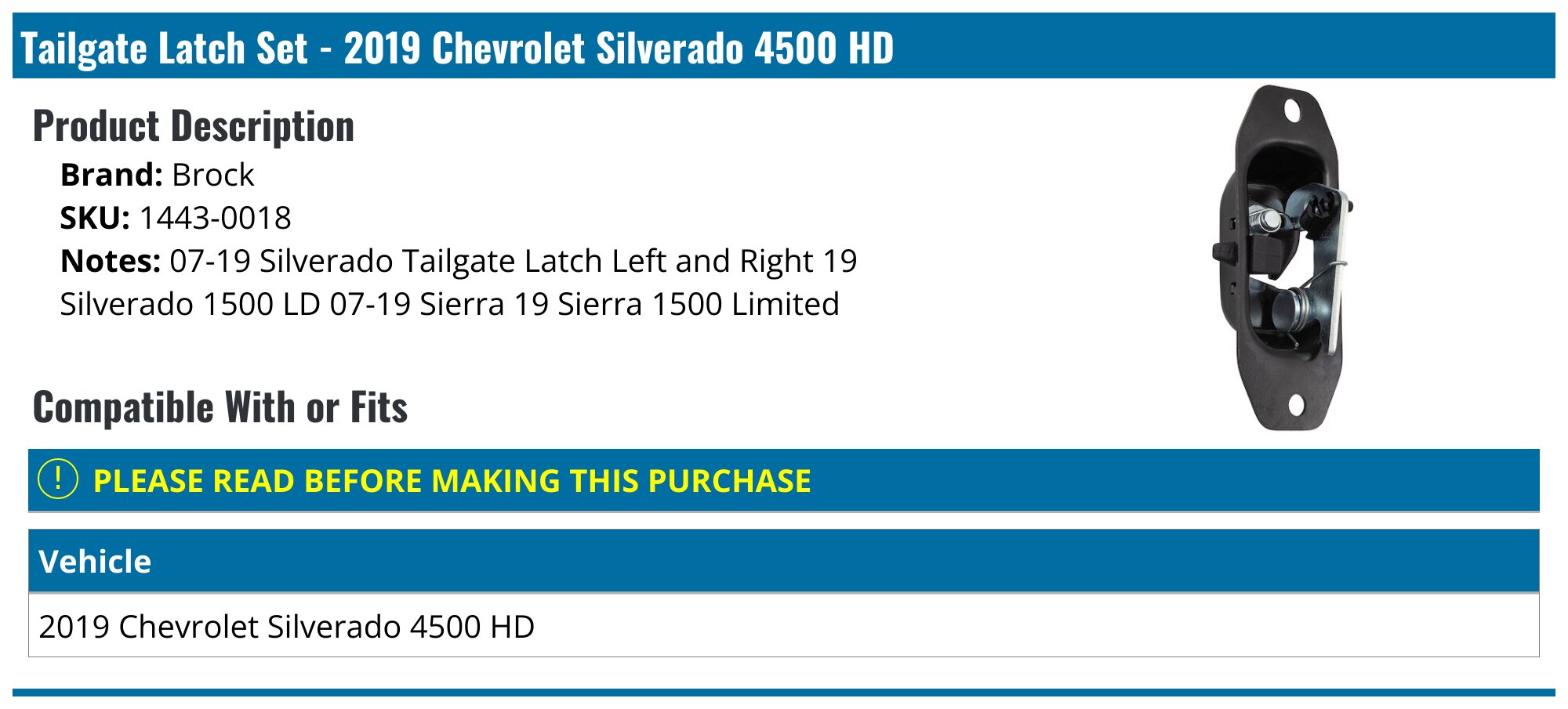 2019 Chevrolet Silverado 4500 HD Tailgate Latch - Brock 1443-0018 ...