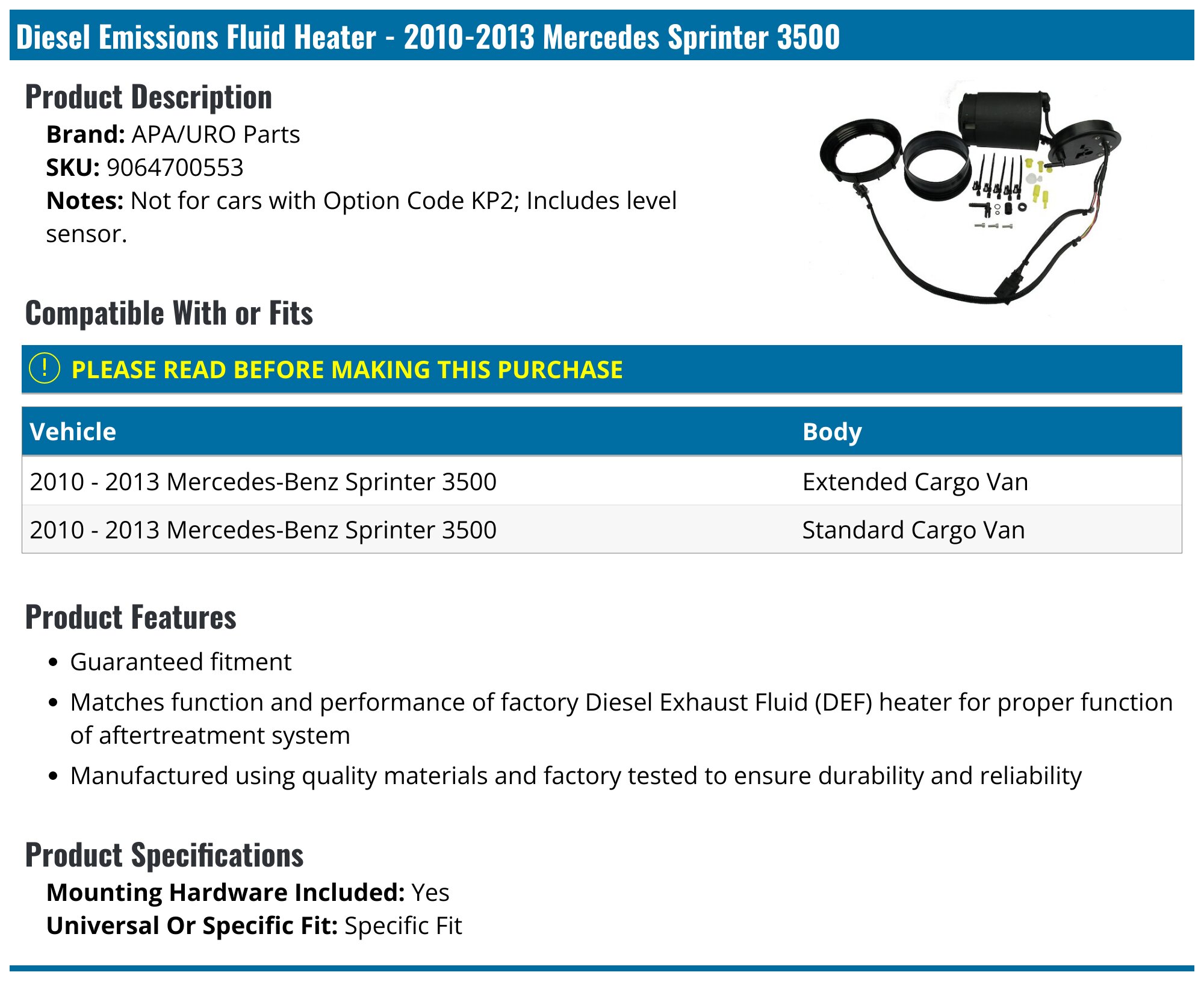 2010-2013 Mercedes Sprinter 3500 Diesel Emissions Fluid Heater - APA ...