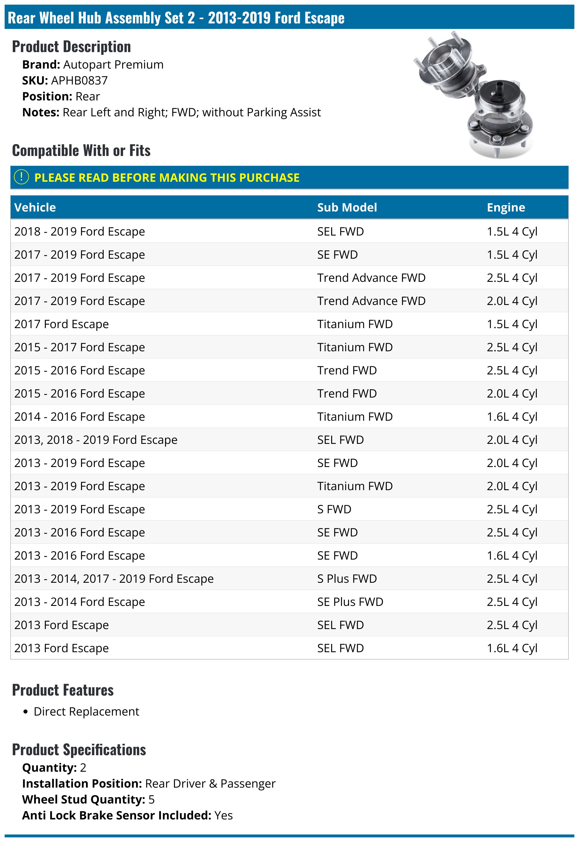 2013-2019 Ford Escape Wheel Hub Assembly - Autopart Premium APHB0837 ...