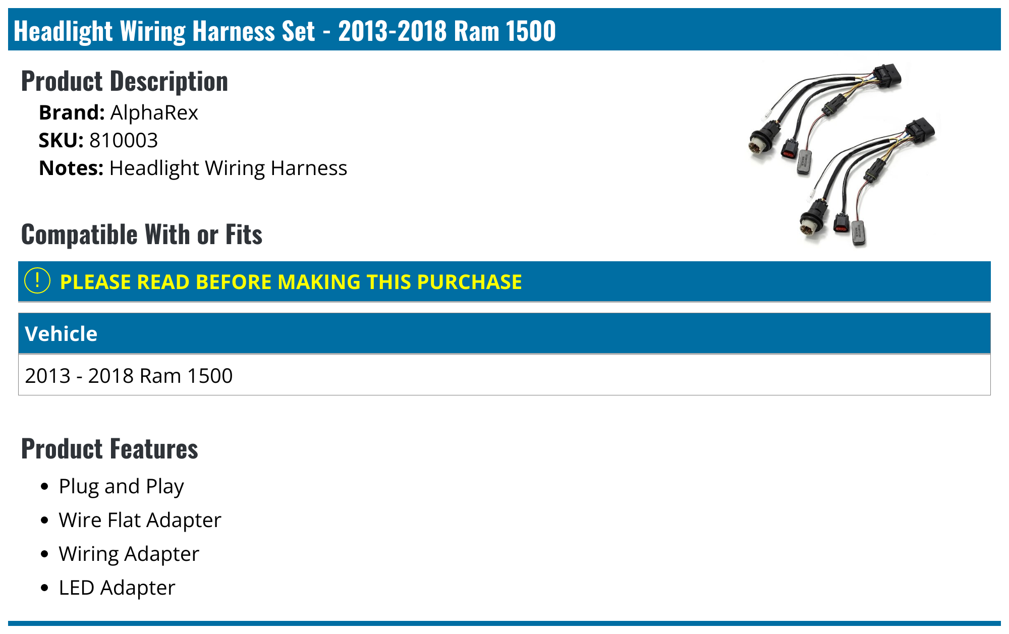 2013-2018 Ram 1500 Headlight Wiring Harness - AlphaRex 810003 ...