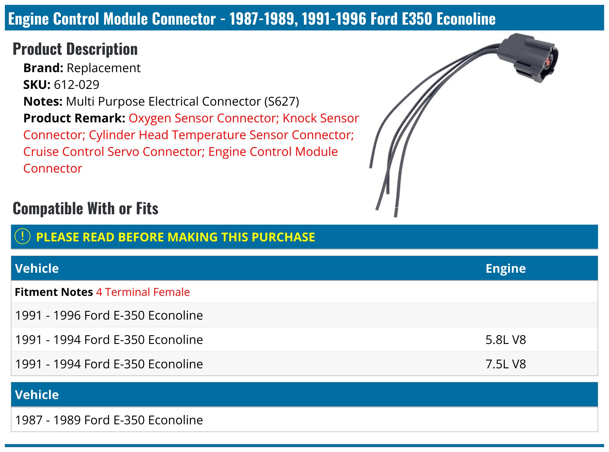 1987-1989, 1991-1996 Ford E350 Econoline Engine Control Module ...