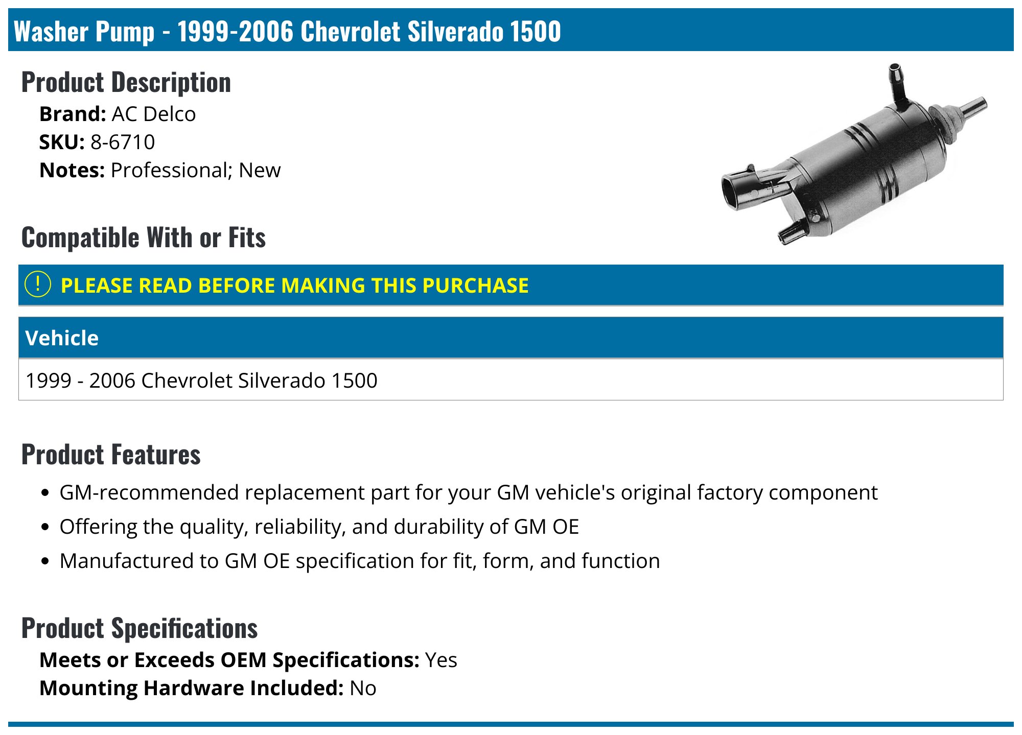 1999-2006 Chevrolet Silverado 1500 Washer Pump - AC Delco 8-6710 ...