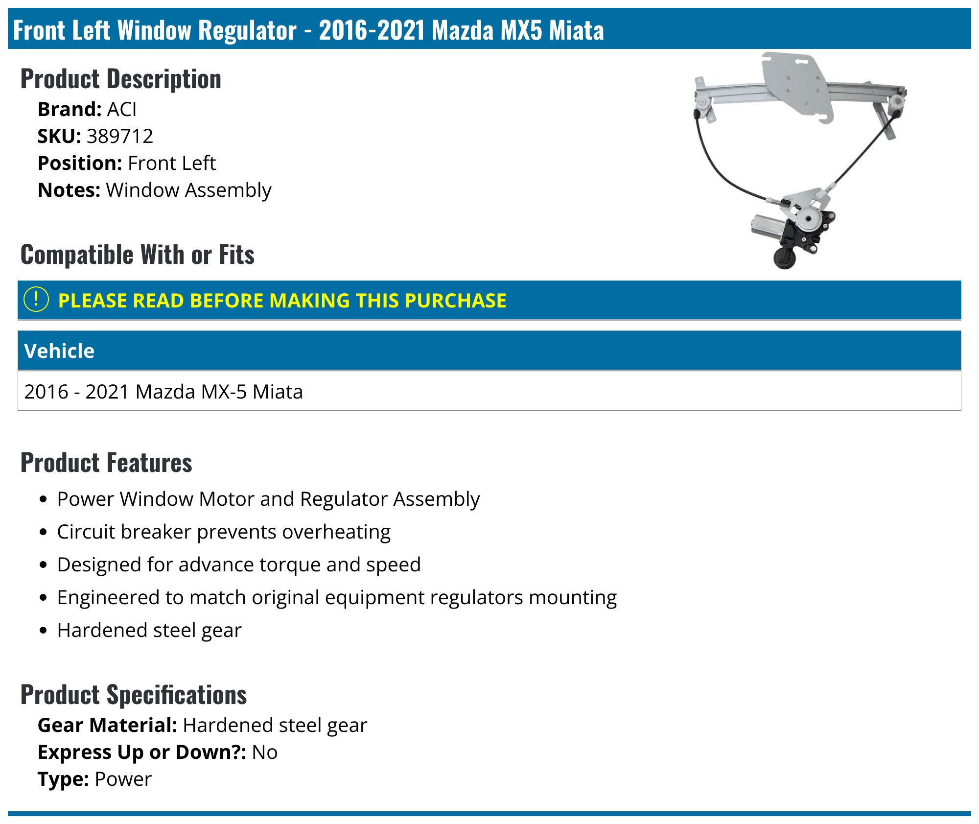 2016-2021 Mazda MX5 Miata Window Regulator - ACI 389712 - Front Left ...