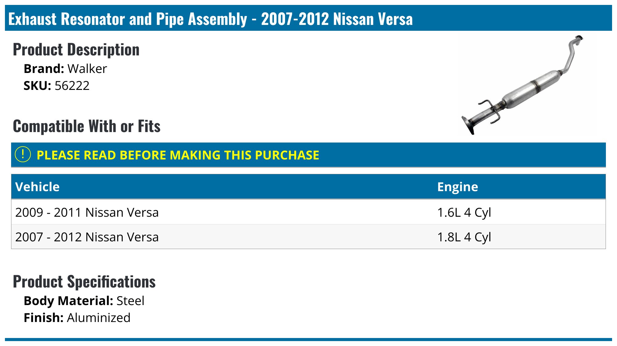 2007-2012 Nissan Versa Exhaust Resonator - Walker 56222 - PartsGeek.com