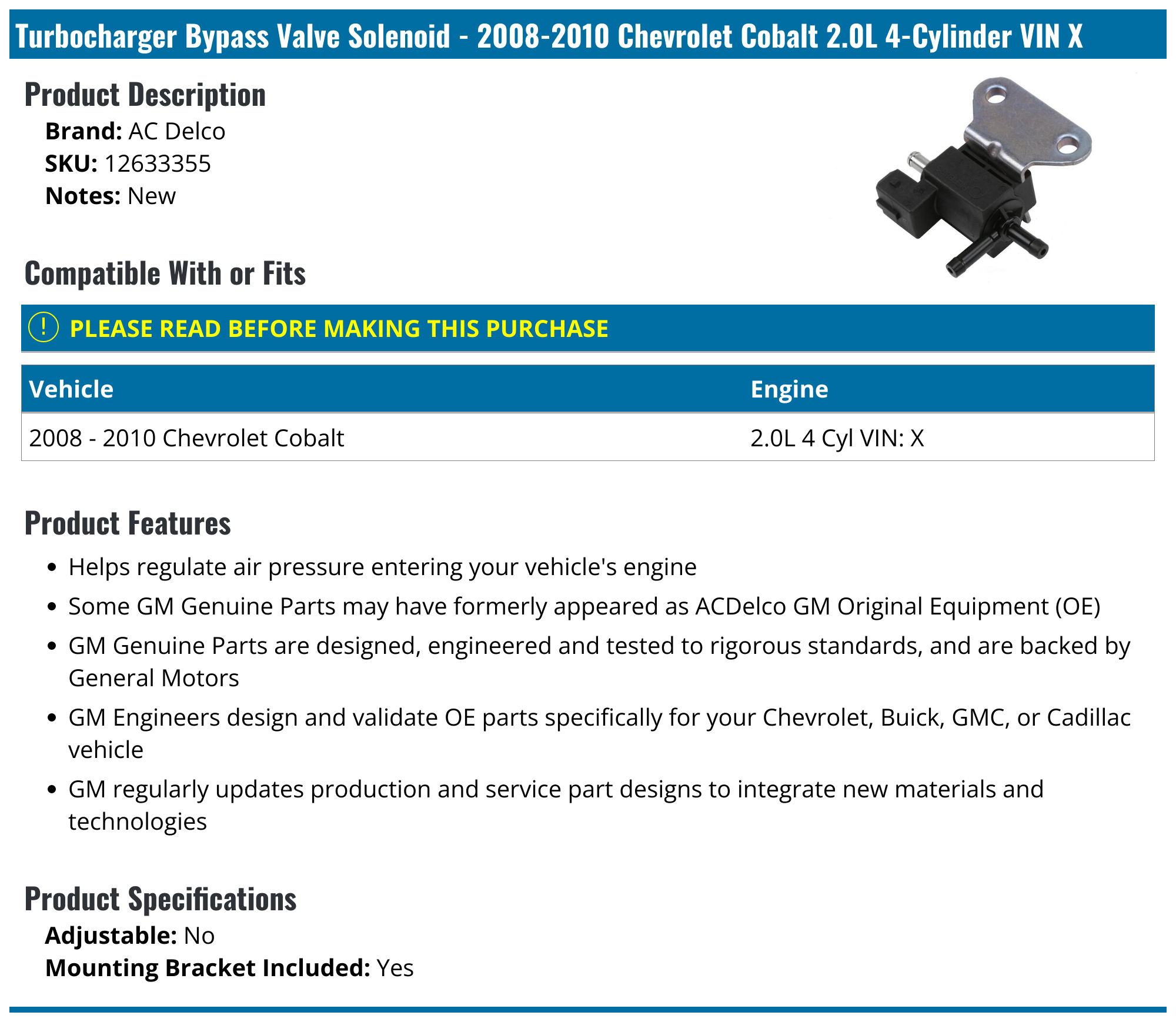 2008-2010 Chevrolet Cobalt Turbocharger Bypass Valve Solenoid - AC ...