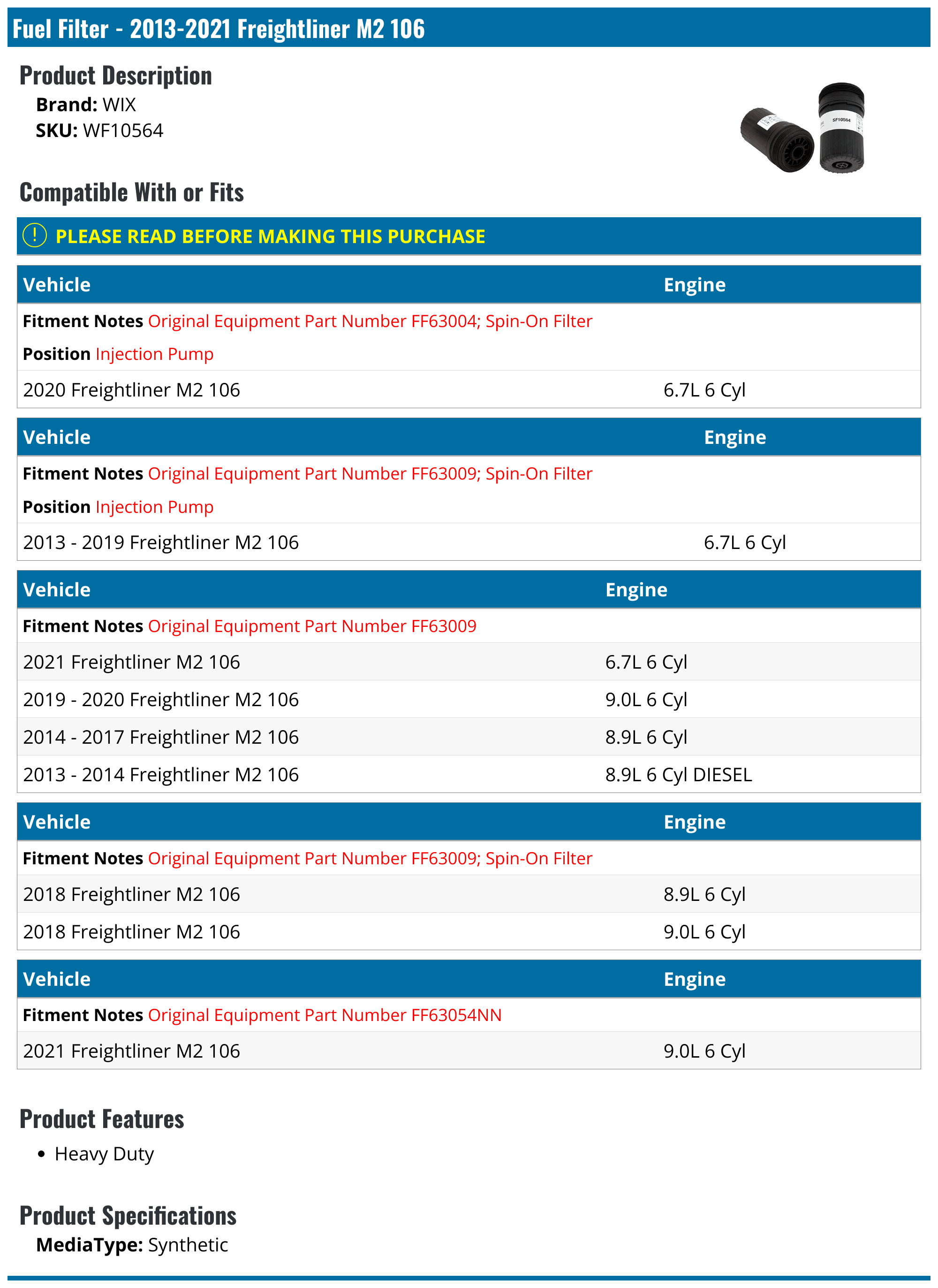 2013-2021 Freightliner M2 106 Fuel Filter - WIX WF10564 - Injection ...