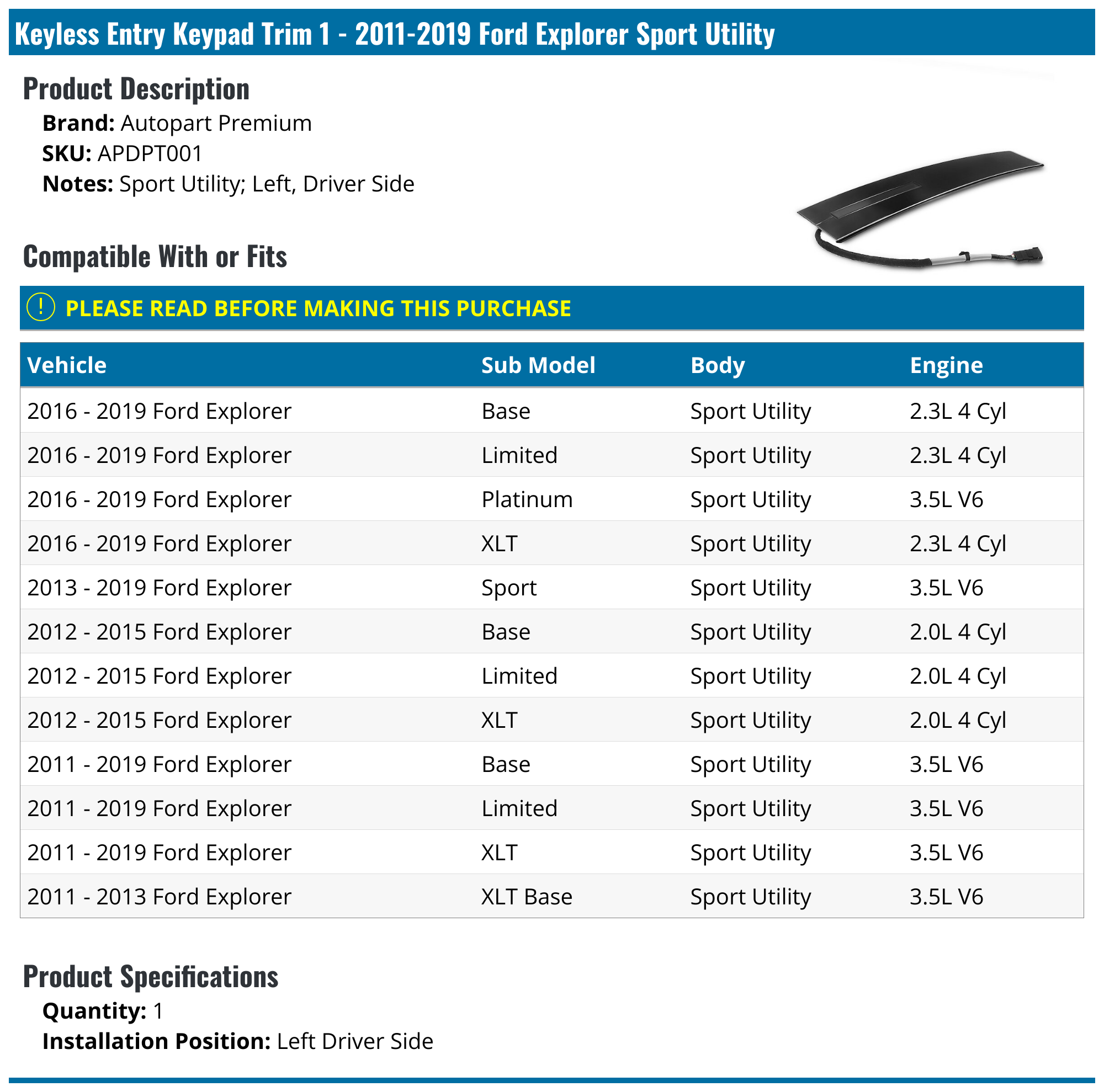 2011-2019 Ford Explorer Keyless Entry Keypad Trim - Autopart Premium ...