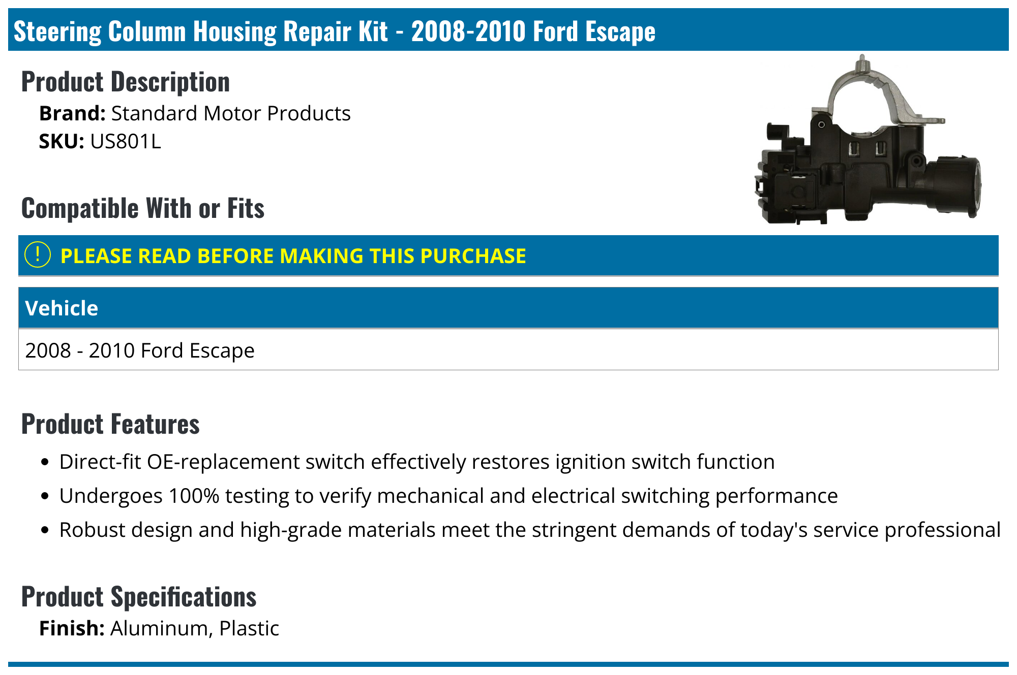 2008-2010 Ford Escape Steering Column Housing Repair Kit - Standard ...