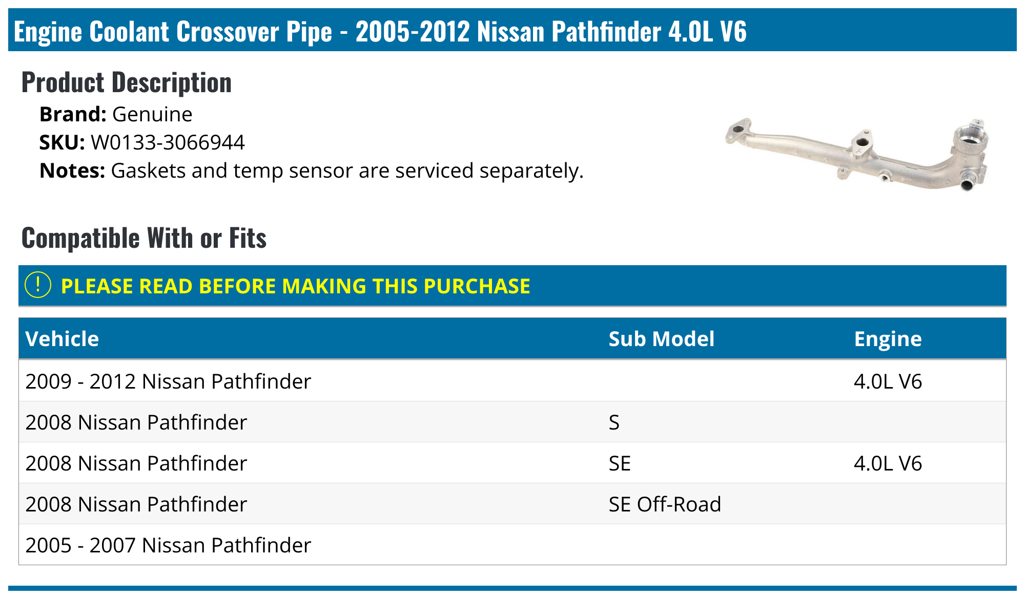 2005-2012 Nissan Pathfinder Engine Coolant Crossover Pipe - Genuine ...