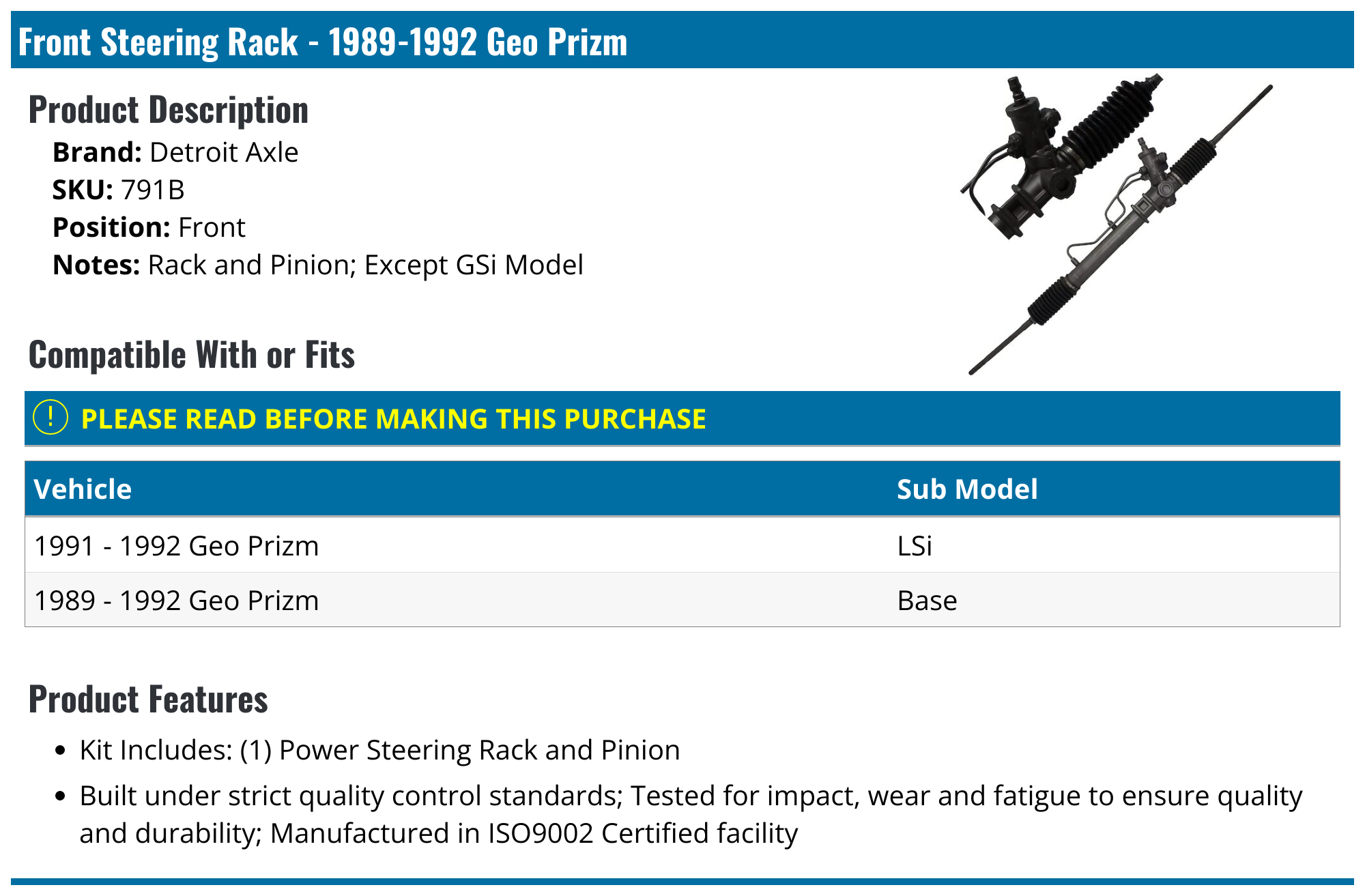 1989-1992 Geo Prizm Steering Rack - Detroit Axle 791B - Front ...