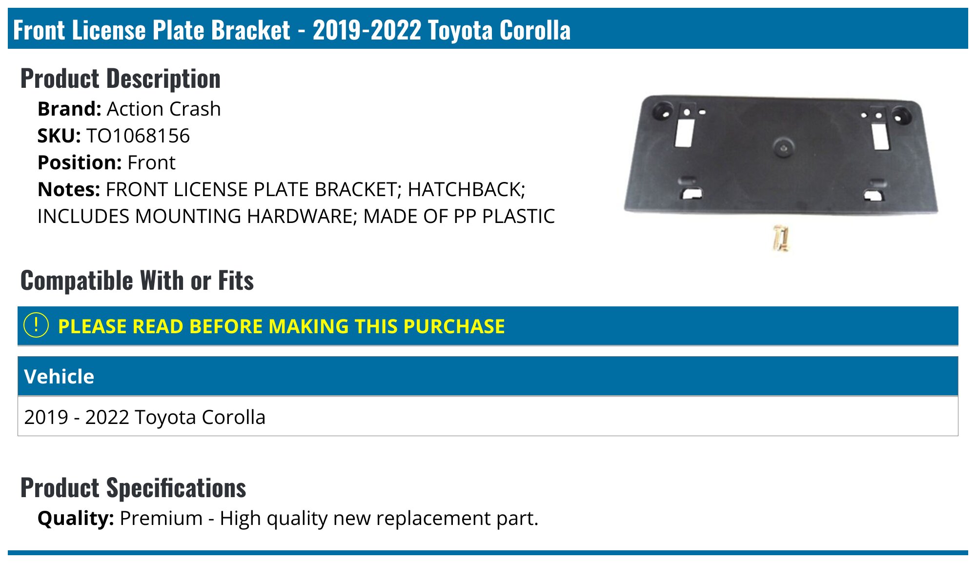 2019-2022 Toyota Corolla License Plate Bracket - Action Crash TO1068156 ...