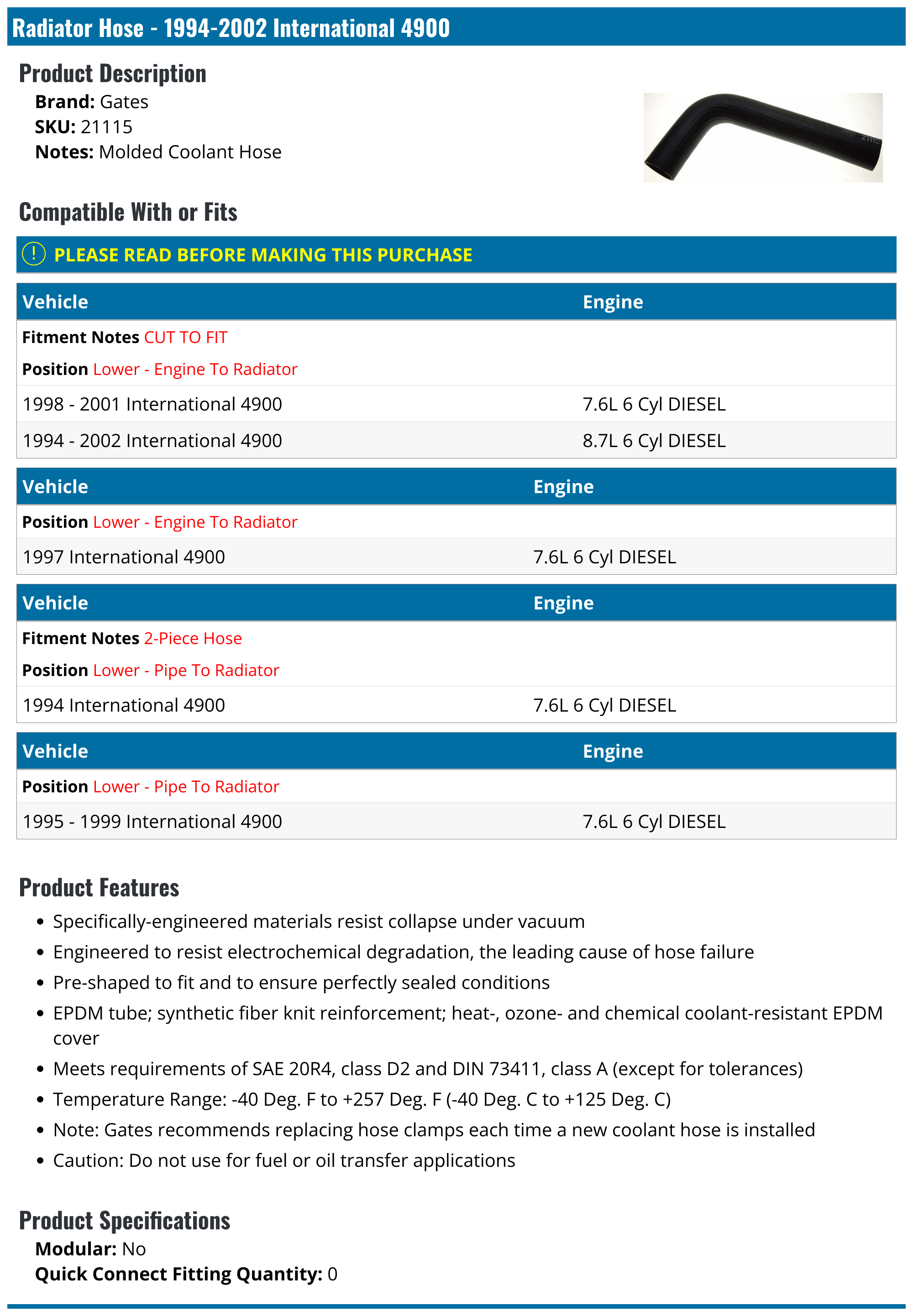 1994-2002 International 4900 Radiator Hose - Gates 21115 - Lower ...