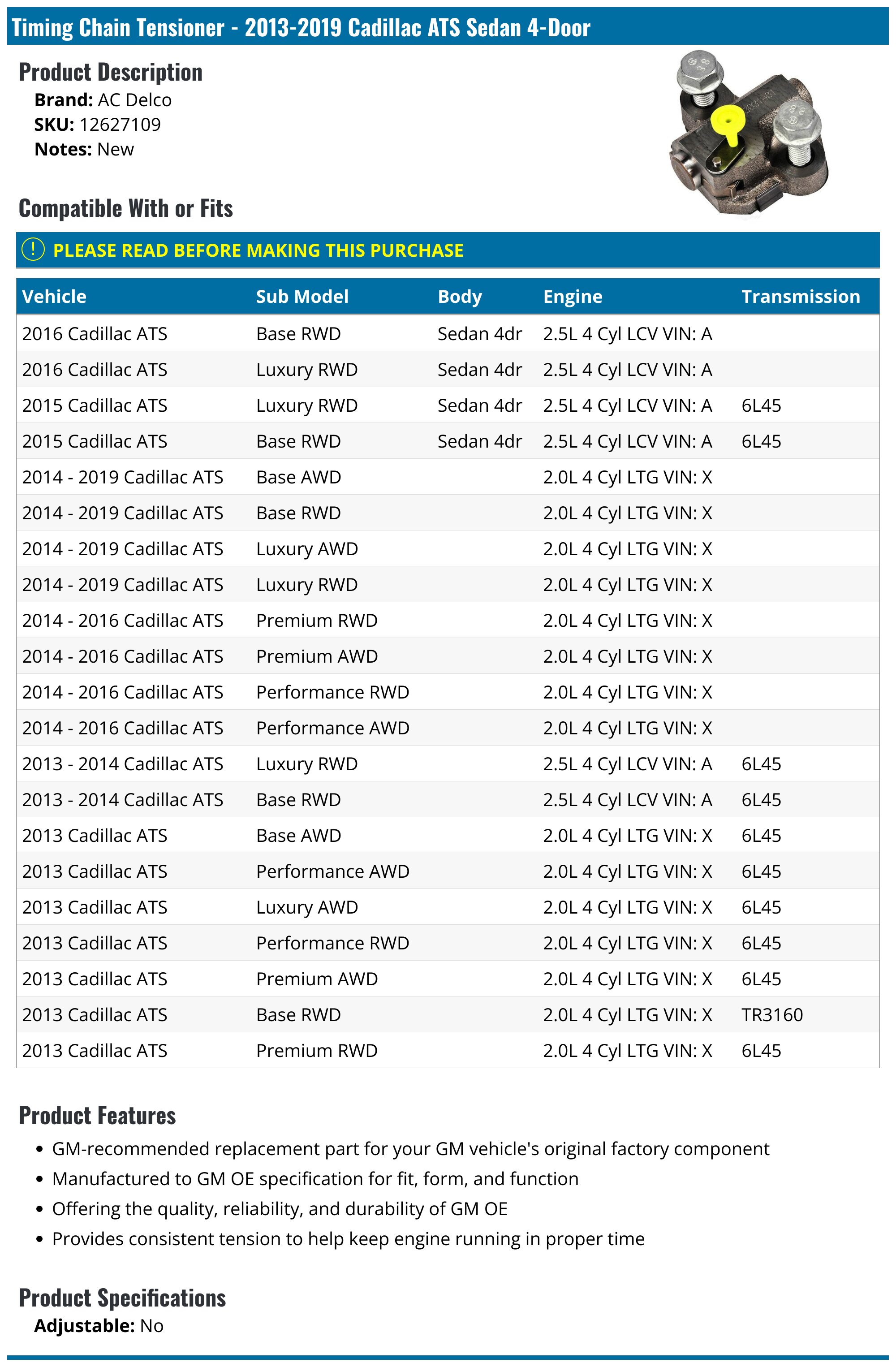 2013-2019 Cadillac ATS Timing Chain Tensioner - AC Delco 12627109 ...