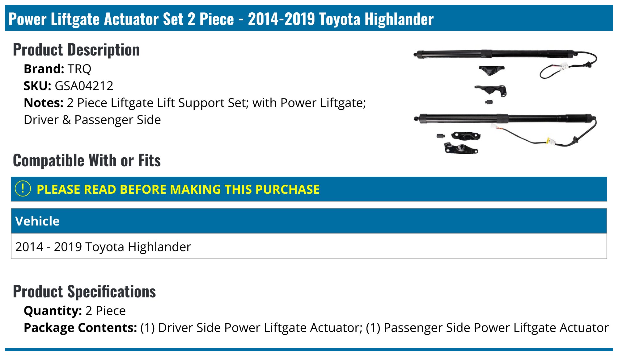 2014-2019 Toyota Highlander Hatch Strut - TRQ GSA04212 - PartsGeek.com
