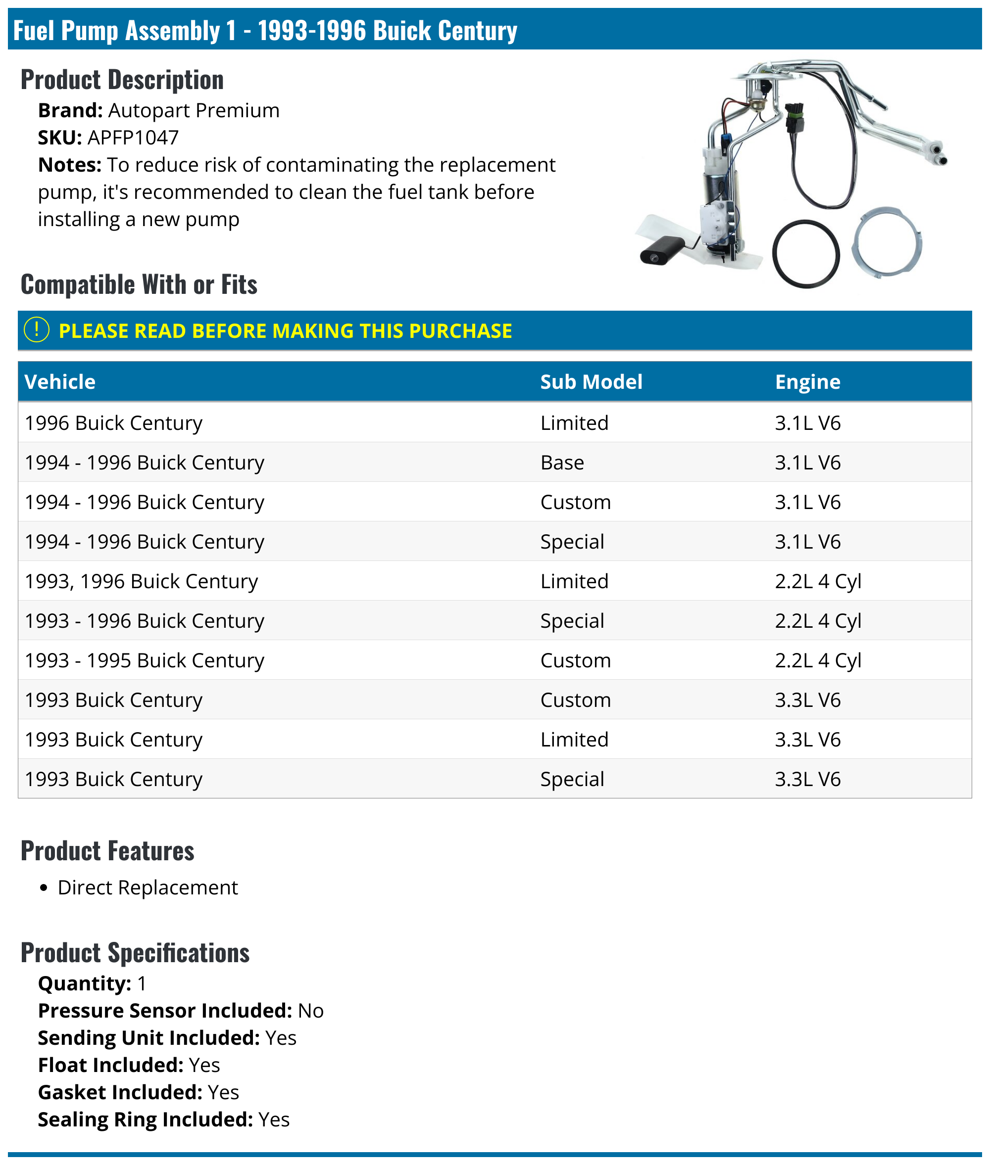 1993-1996 Buick Century Fuel Pump - Autopart Premium APFP1047 ...