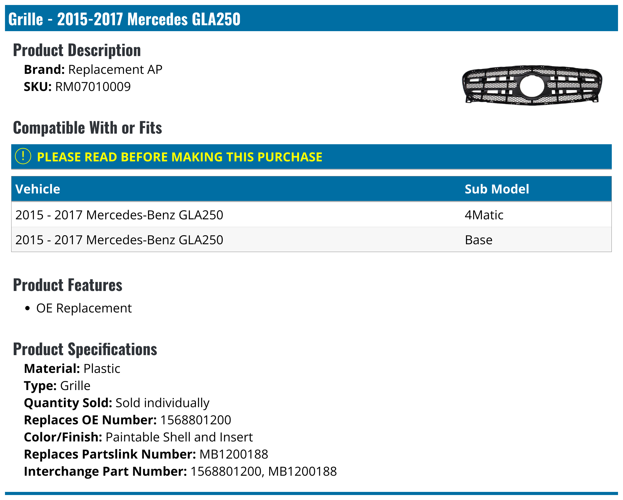 2015-2017 Mercedes GLA250 Grille Assembly - Replacement AP RM07010009 ...