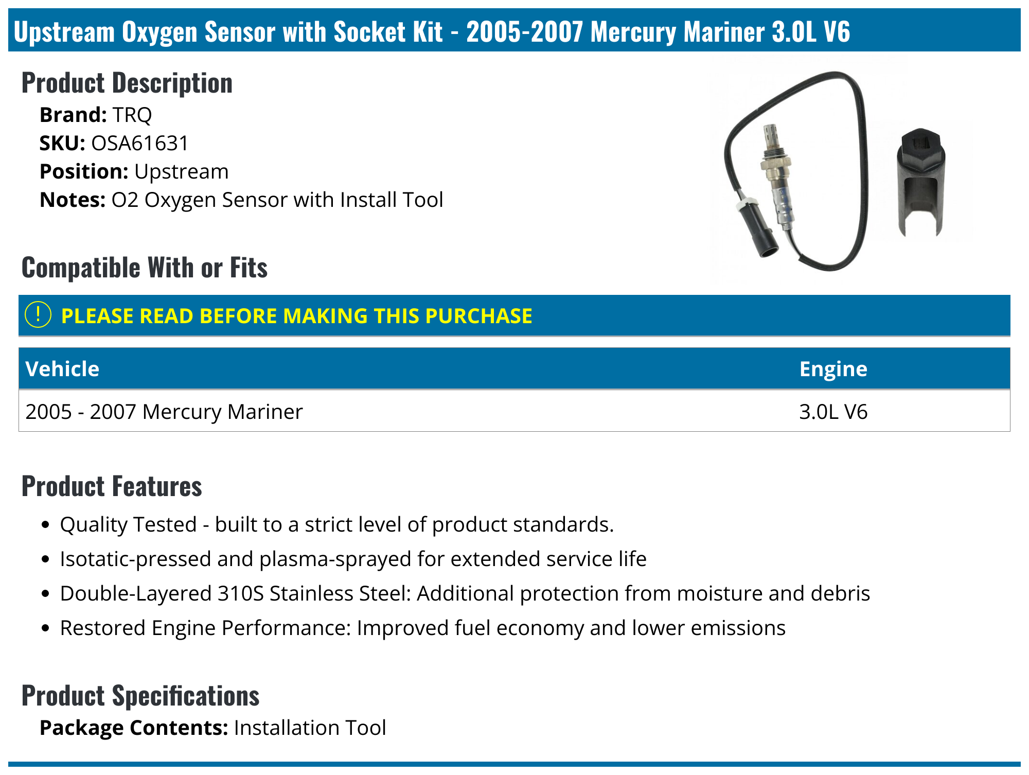 2005-2008 Mercury Mariner Oxygen Sensor - TRQ OSA61631 - Upstream Front ...
