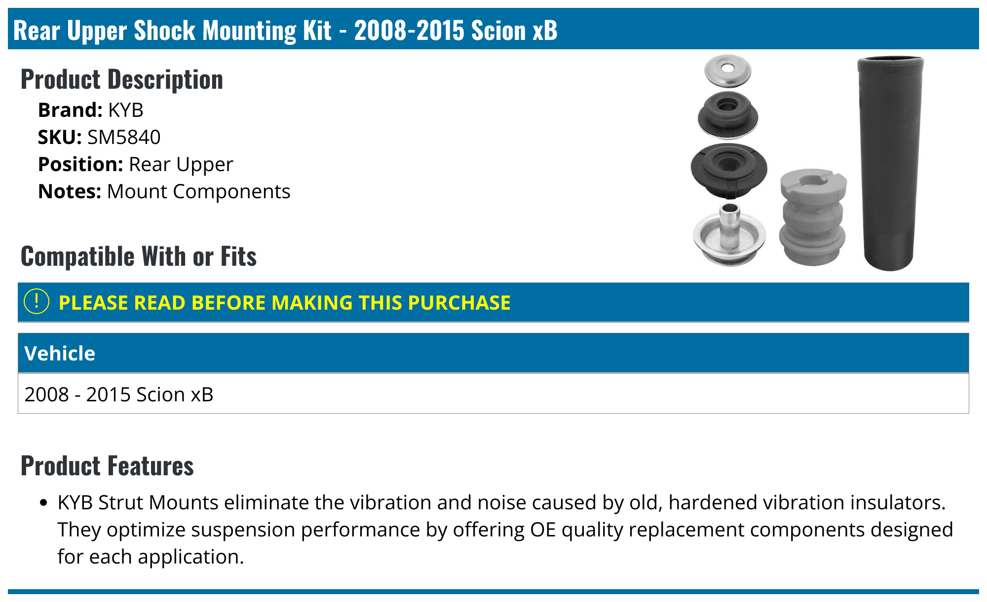 2008-2015 Scion xB Shock Mounting Kit - KYB SM5840 - Rear Upper ...