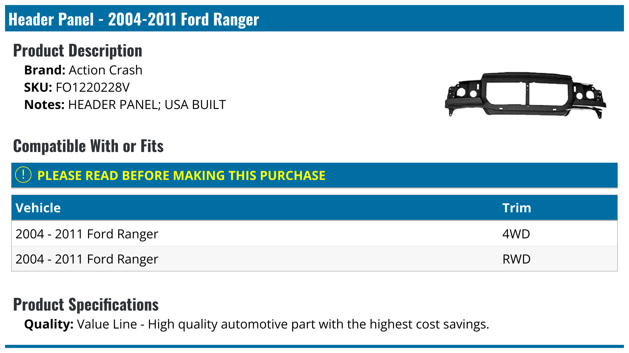 2004-2011 Ford Ranger Header Panel - Action Crash FO1220228V ...