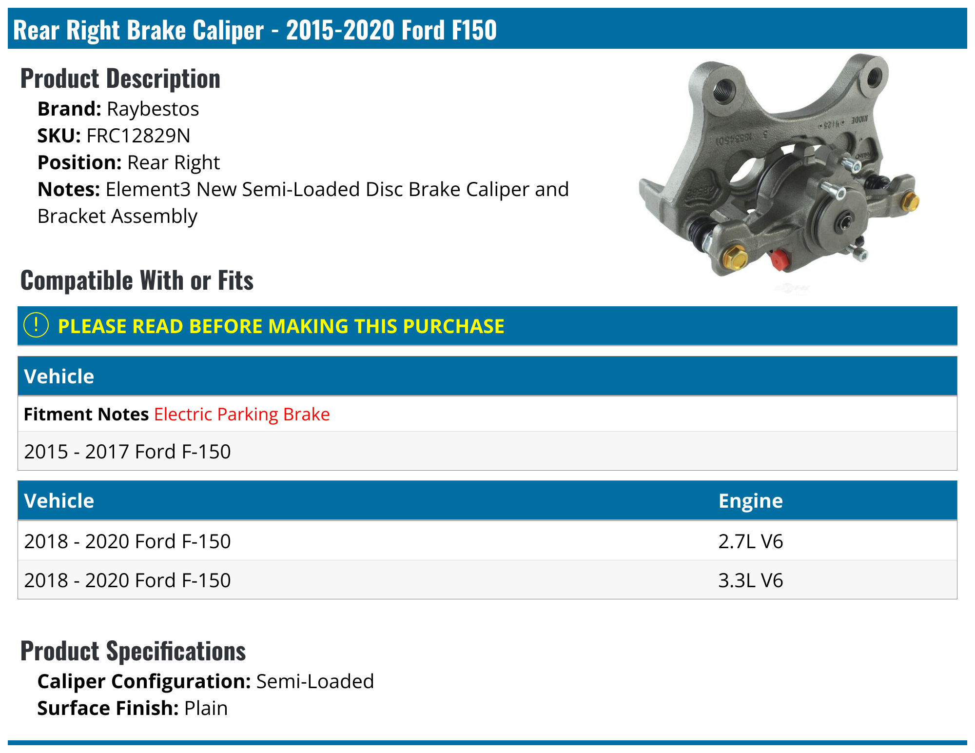 2015-2020 Ford F150 Brake Caliper - Raybestos FRC12829N - Rear Right ...