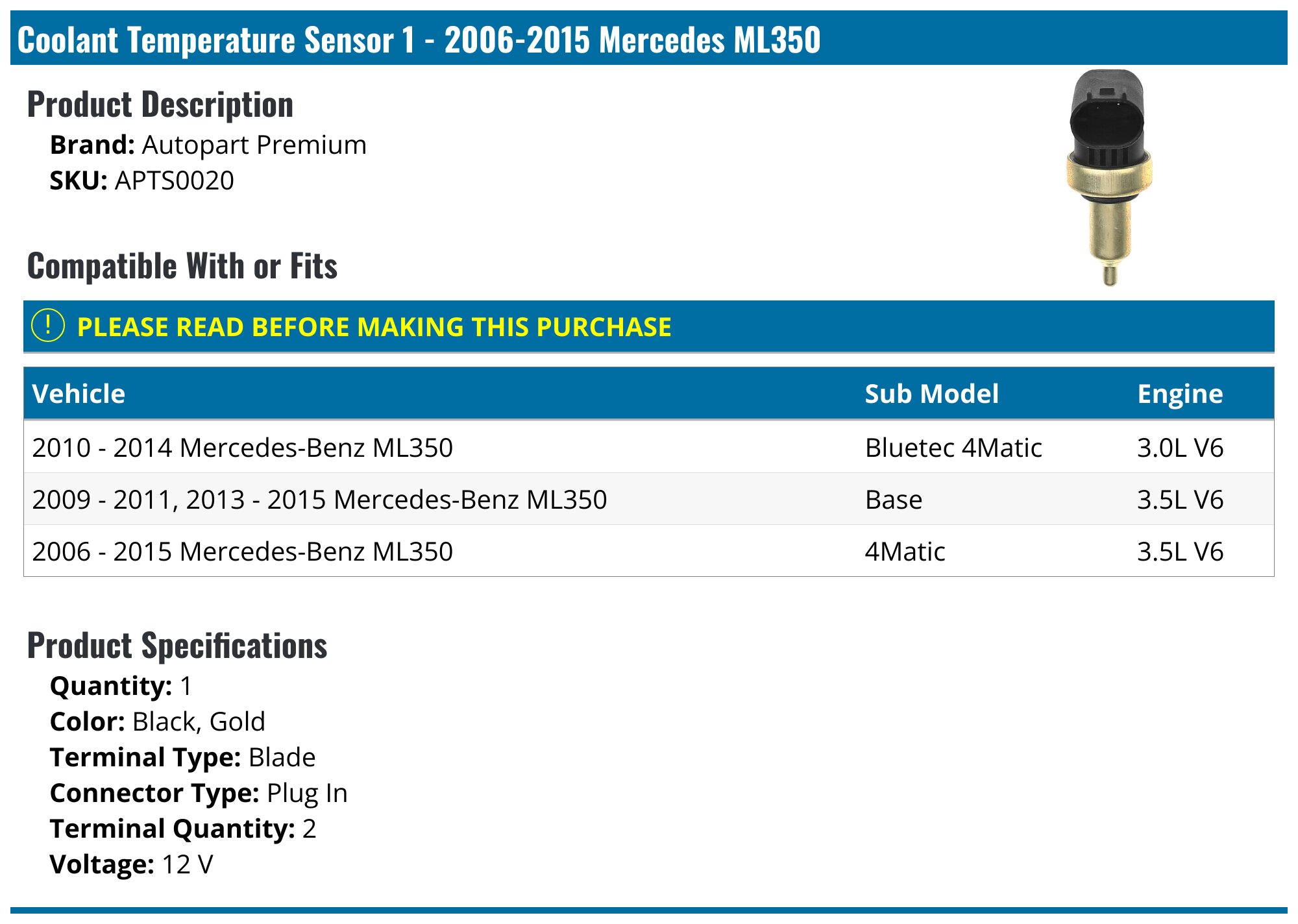 2006-2015 Mercedes ML350 Engine Coolant Temperature Sensor - Autopart ...