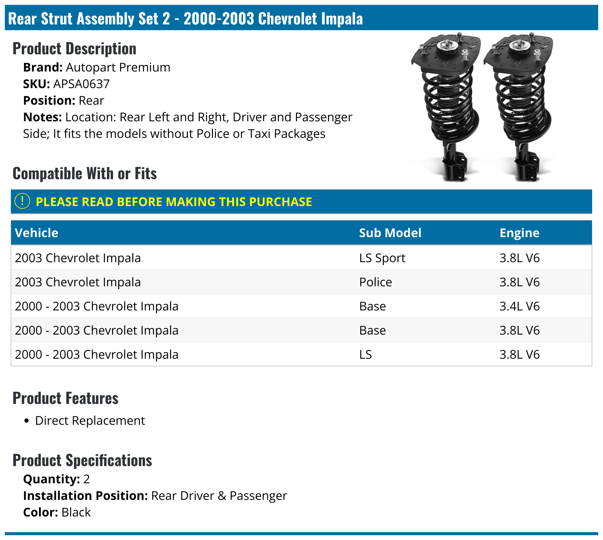 2000-2003 Chevrolet Impala Strut Assembly - Autopart Premium APSA0637 ...