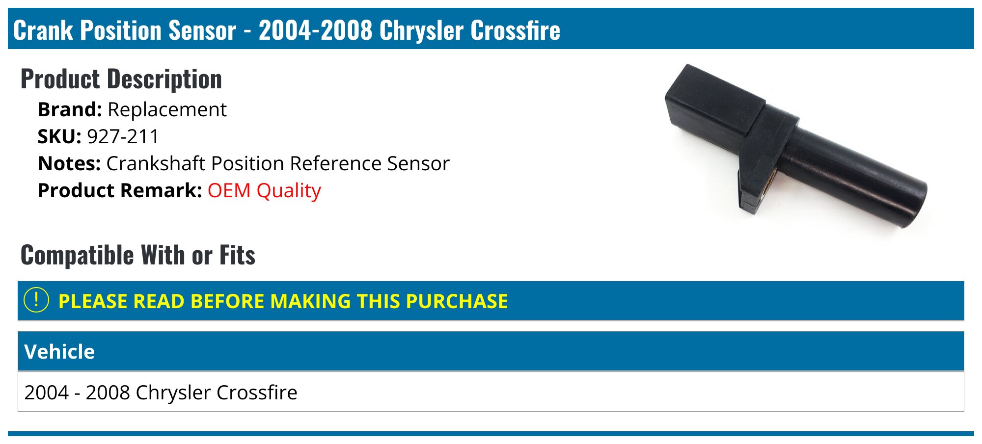 2004-2008 Chrysler Crossfire Crank Position Sensor - Replacement 927 ...